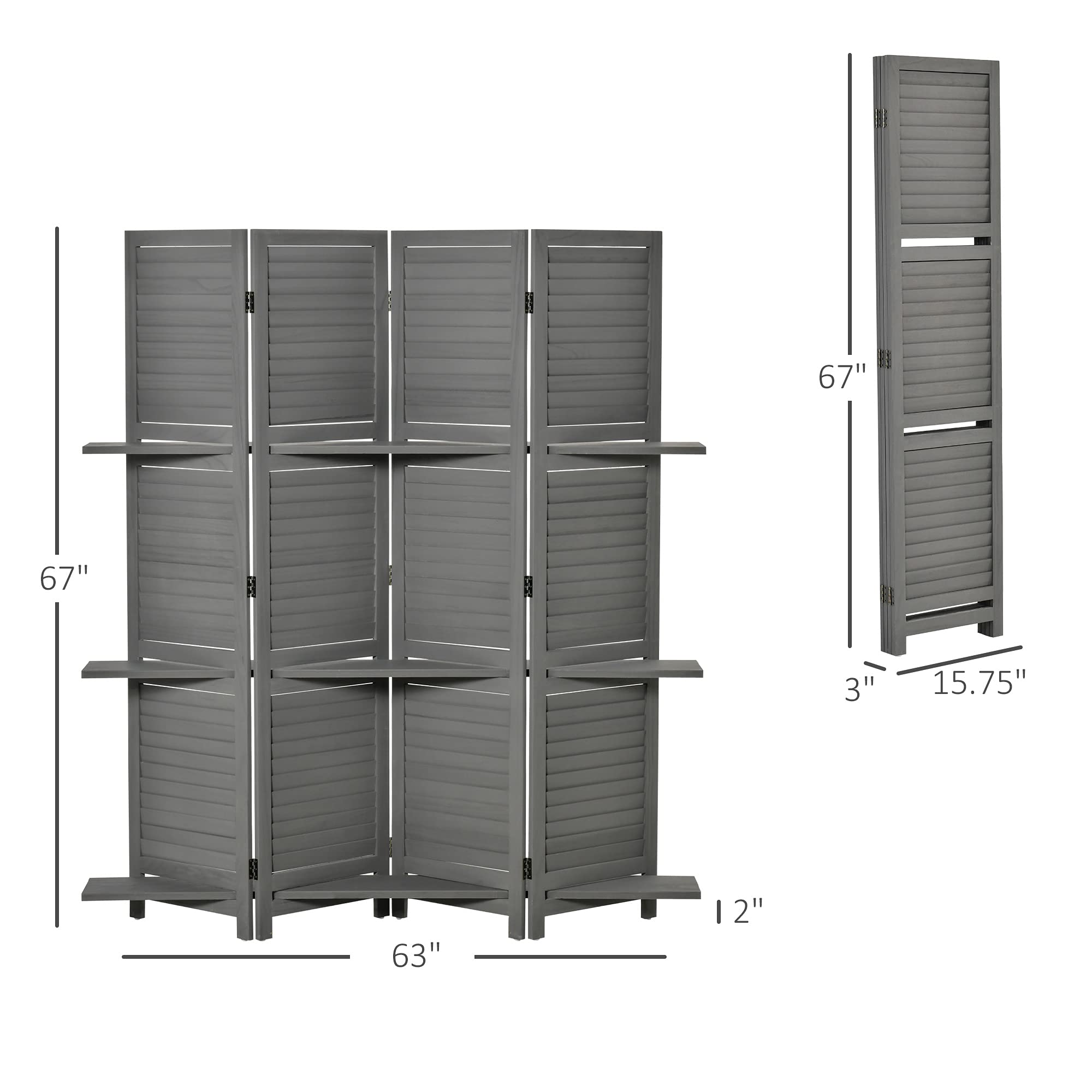 HOMCOM 4 Panel 67" Tall Wood Privacy Screen Room Divider with 3 Display Shelves, and Folding Storage for Bedroom or Home Office, Grey