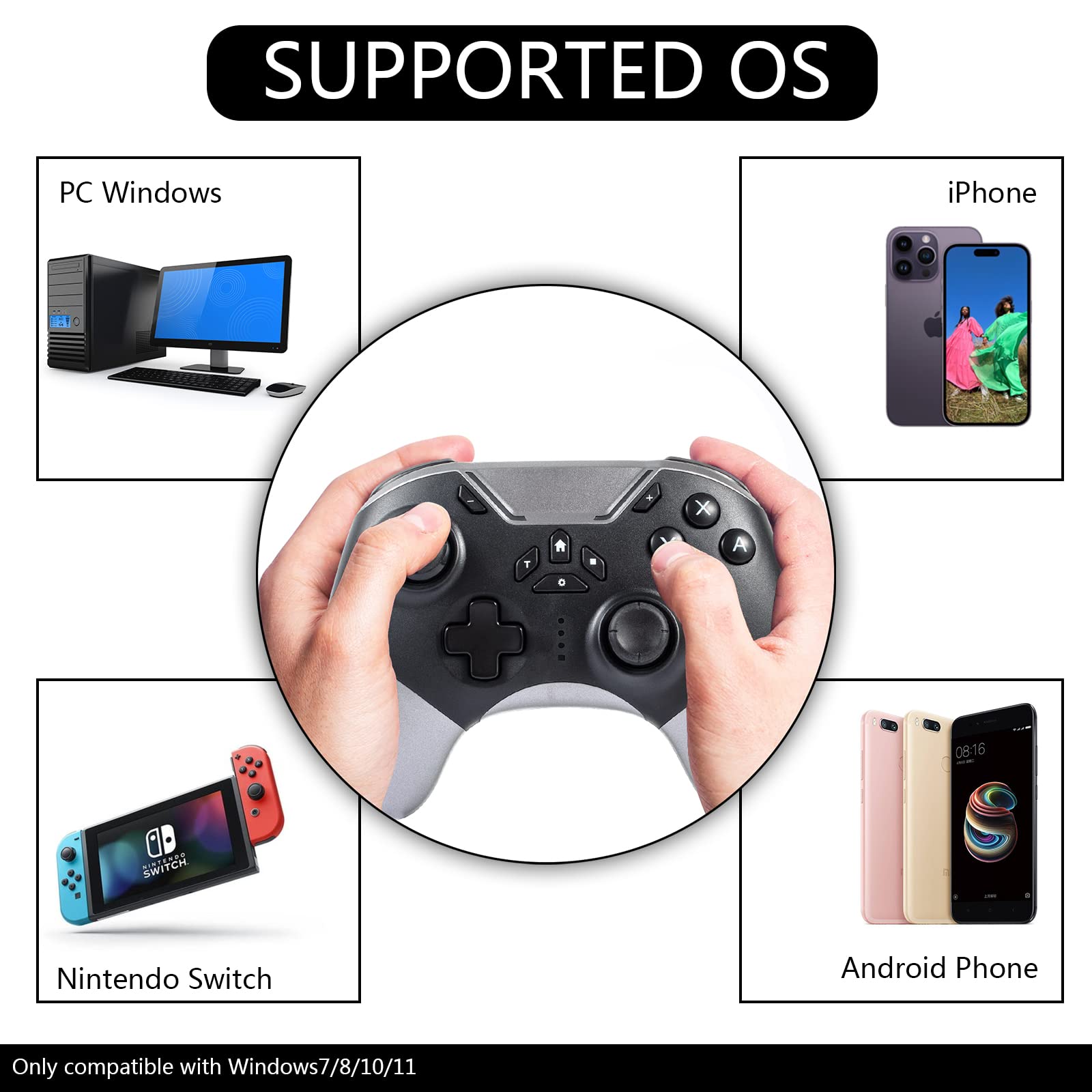 Liyoungy Wireless Game Controller for Windows 8 10 PC/Switch, Bluetooth Controller for iPhone Android, Wake-Up and Vibration Function, with Phone Clip (Black)
