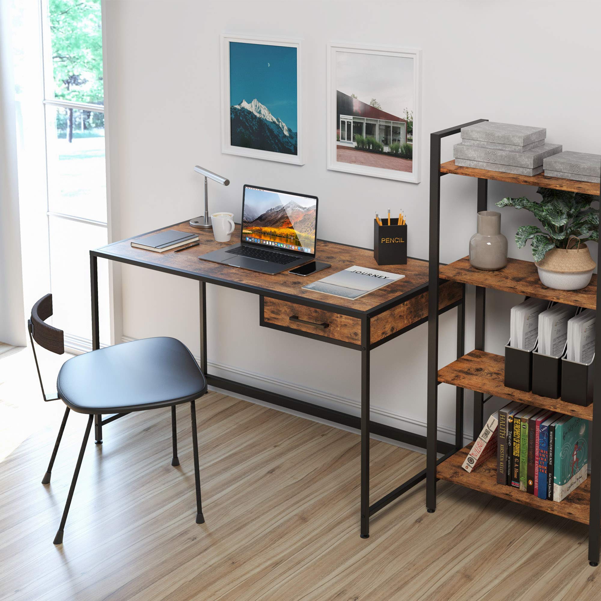 IRONCK Computer Desk, 47" Writing Desk with Drawers, Simple Small Desk for Home Office, Easy to Assemble, Retro Brown
