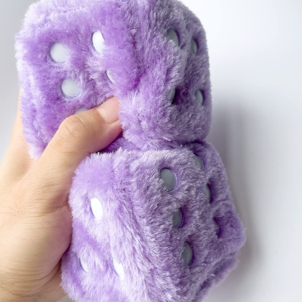 Pair 3β Purple with White Dots Mirror Fuzzy Plush Dice, Purple and White Soft Plush Car Decorative Hanging Ornament.