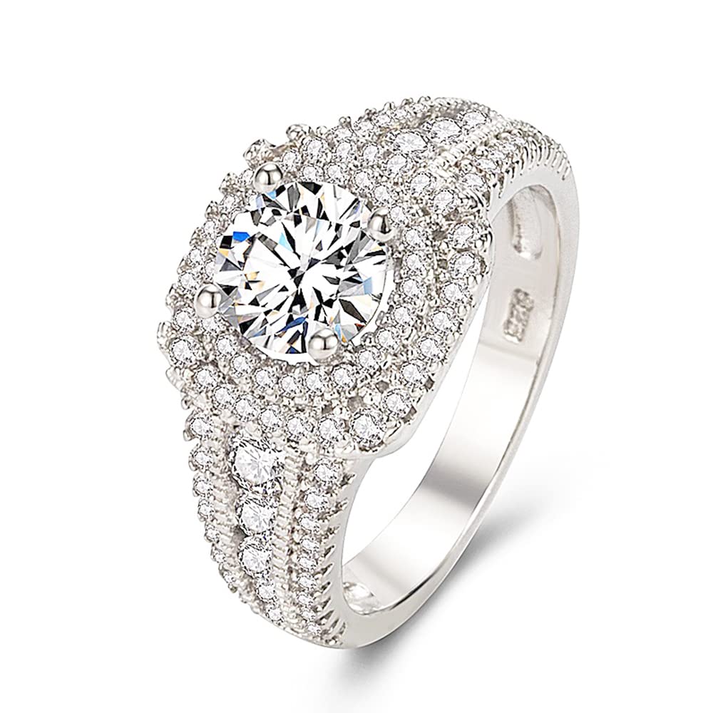 Luxury Fashion Imitation 925 Sterling Silver Princess Shape 3 Carat Diamond Ring Double Super Flash Zircon Ring Silver Zircon Infinity Halo Engagement J Wedding Wedding Ring(US Sizes: 6-10) (8)