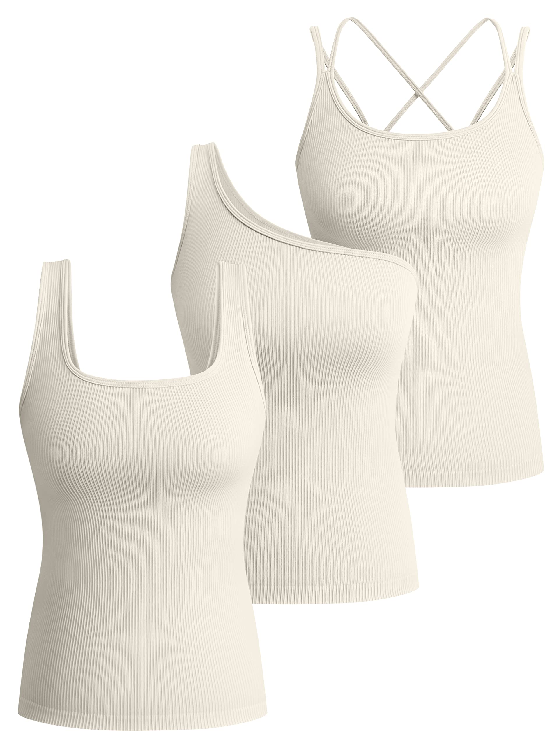 OQQ Women's 3 Piece Tank Tops Ribbed Seamless Workout Exercise Shirts Casual Vest Sleeveless Tops Beige