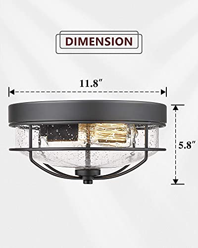 HWH INVESTMENT Flush Mount Ceiling Light Fixtures, 12 inch 2-Light Farmhouse Close to Ceiling Light Fixture with Seeded Glass Shade, Sand Black Finish, 5HTJ7-F BK