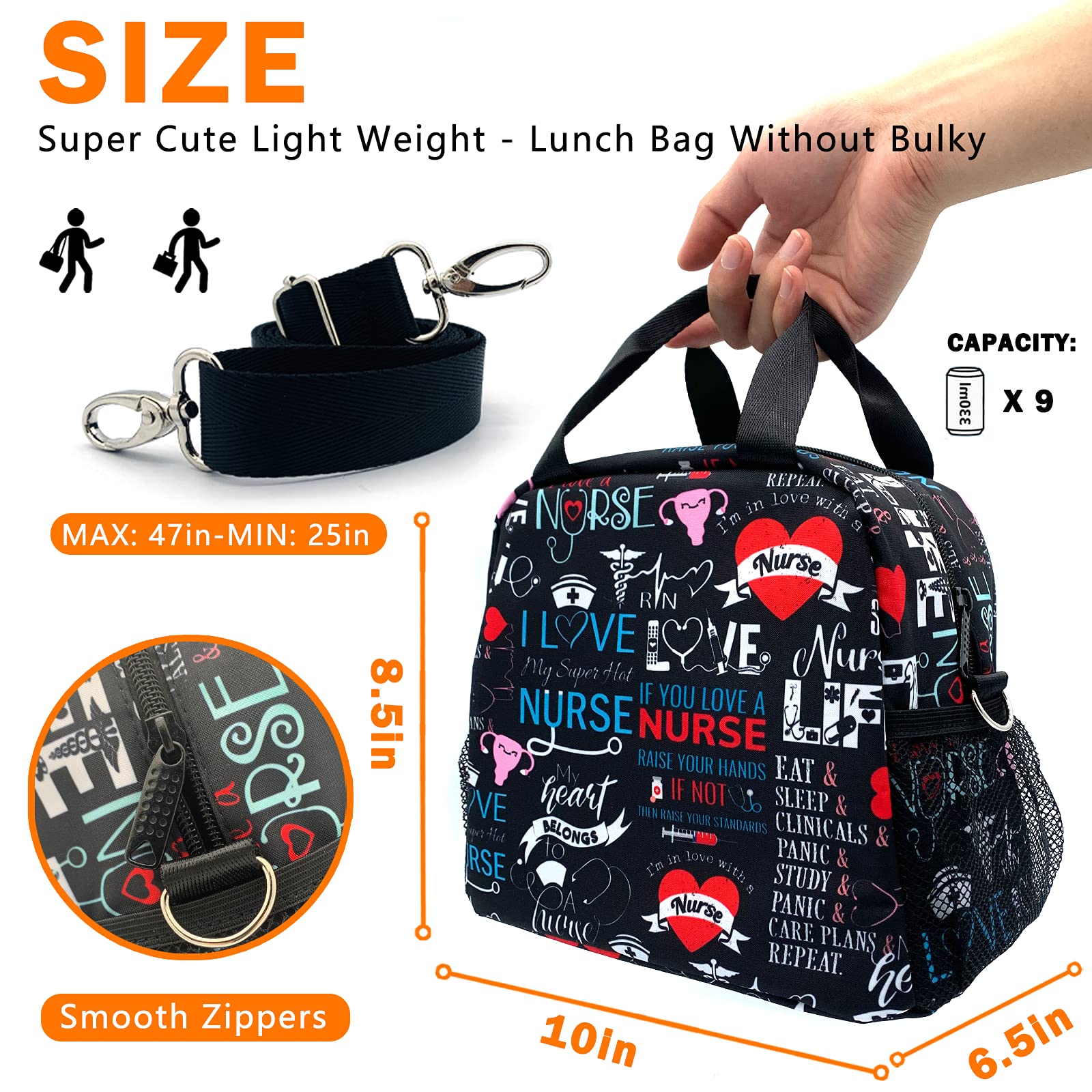 Nurse Lunch Bag Insulated Lunch Box Small Lunch Tote Bags with Water Bottle Holder, Adjustable & Removable Shoulder Strap Lunch Box for Women Men
