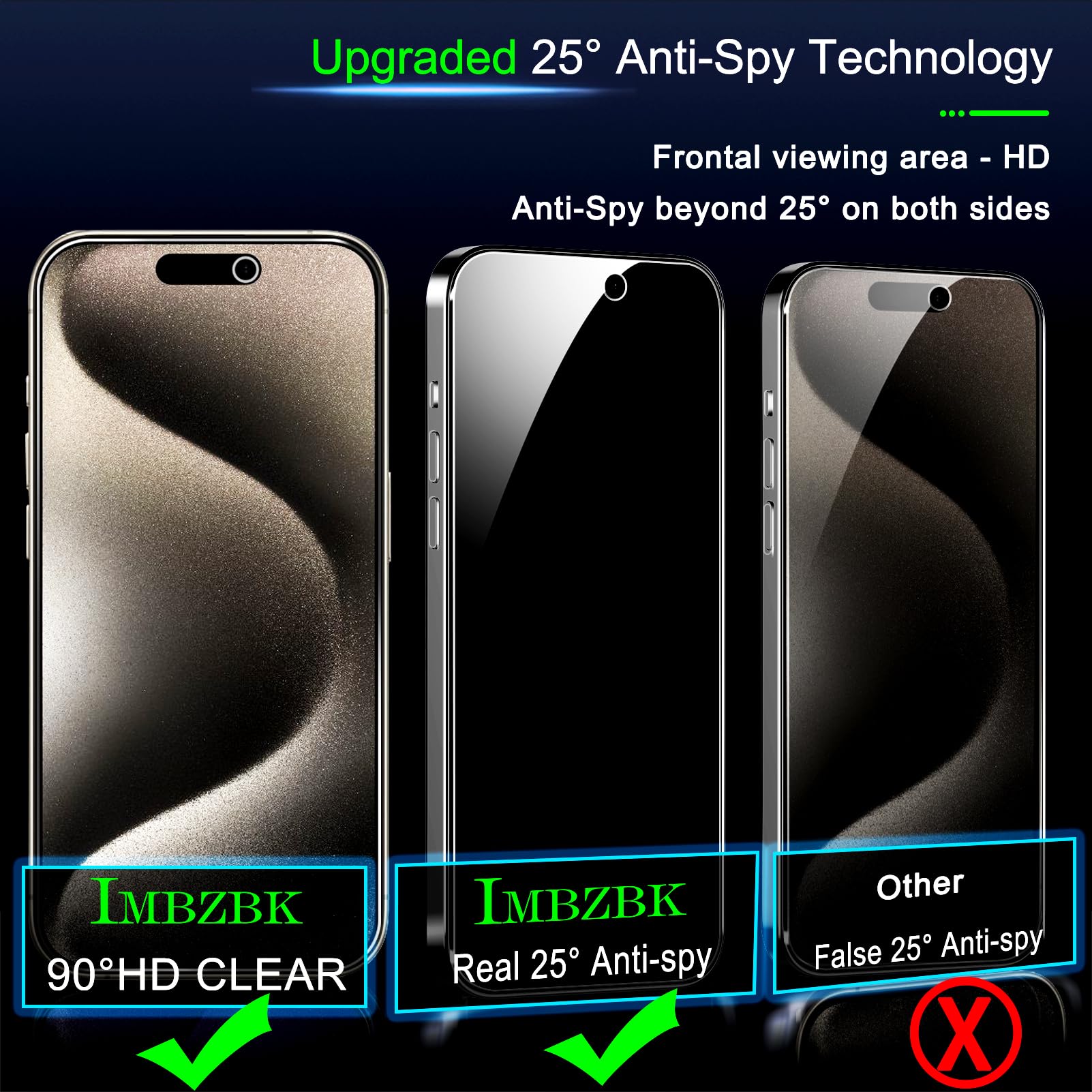 IMBZBK 4 Pack Privacy Screen Protector for iPhone 15 Pro Tempered Glass with 4 Pack Camera Lens Protector, Accessories 9H Anti Spy for Apple 15 Pro, 2.5d curved, Case Friendly, Transparent