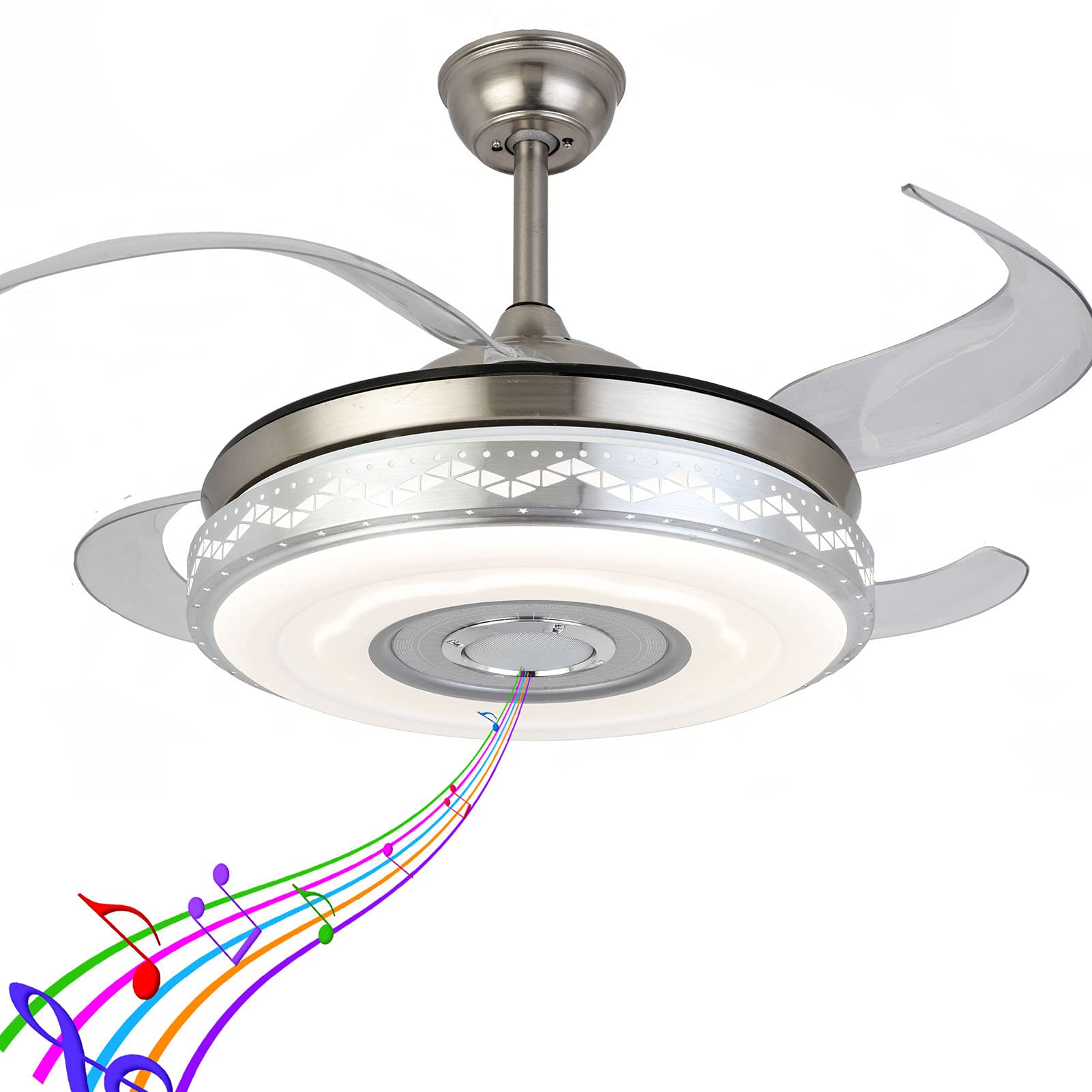JVUJVCI Retractable Ceiling Fan with Bluetooth Speaker and Light, LED Bluetooth Ceiling Fan Chandelier Speaker with and Remote Control 7 Color Lighting Silver (42 inch)