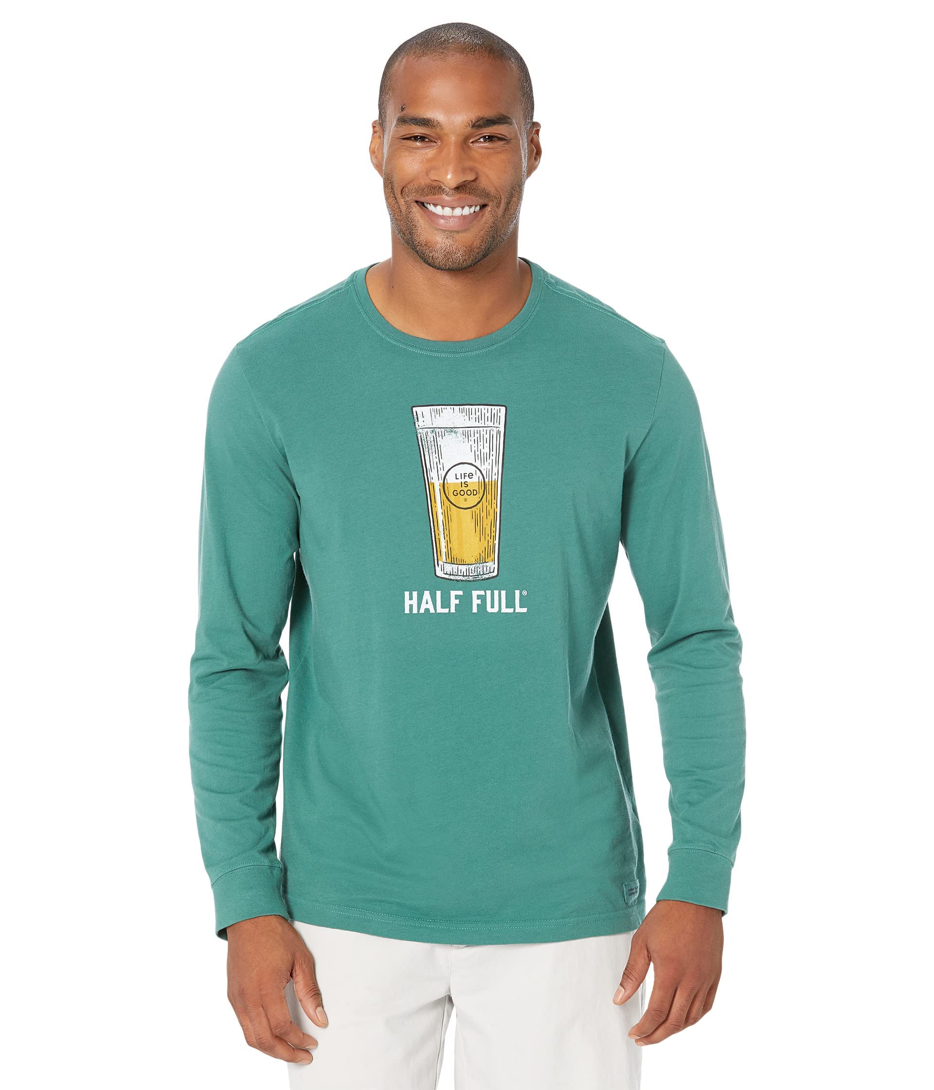 Life is Good Mens Long Sleeve Crusher-Lite T-Shirt (Half Full Beer - Spruce Green, X-Large)