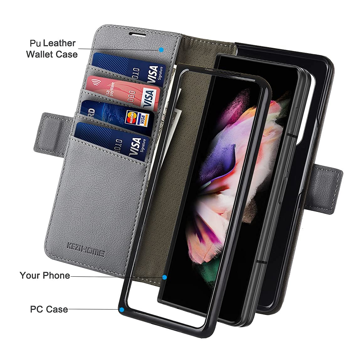 KEZiHOME for Samsung Galaxy Z Fold 3 Wallet Case with S Pen Holder, PU Leather [RFID Blocking] Card Slots Kickstand Flip Phone Cover Case Compatible with Galaxy Z Fold 3 5G (2021) (Gray)