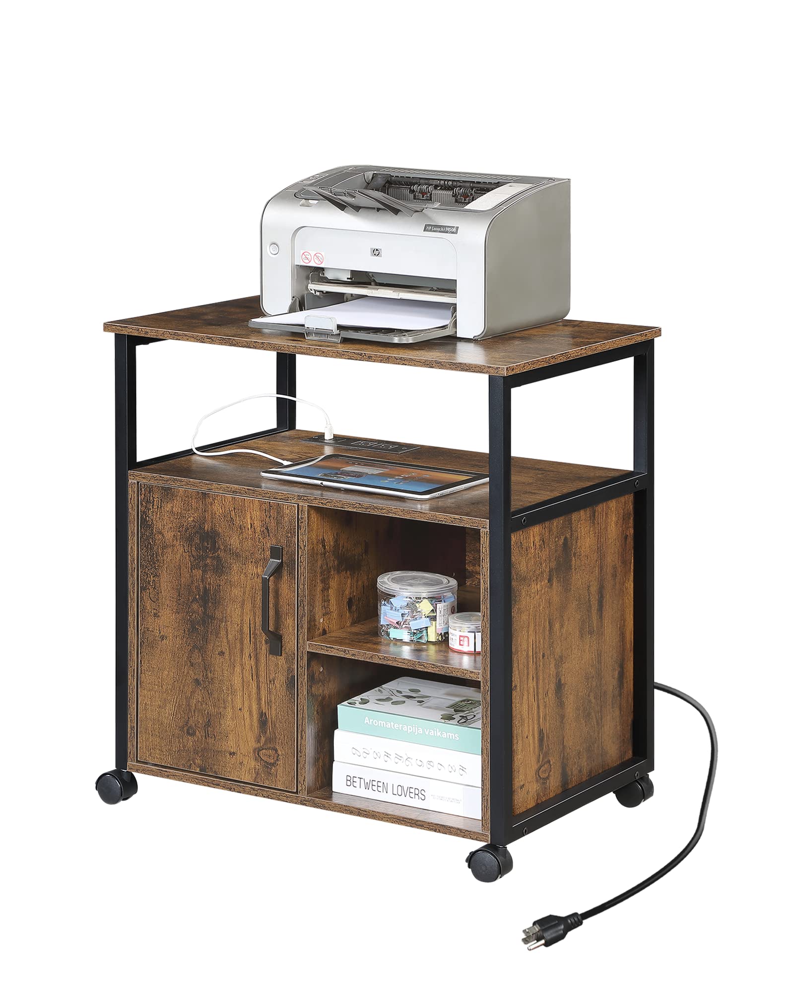 Kavonty Lateral File Cabinet,Office Filing Cabinets with Socket and USB Charging Port,Modern Rolling Printer Stand with Storage for A4, Letter Size and File Folders,for Home Office, Rustic Brown