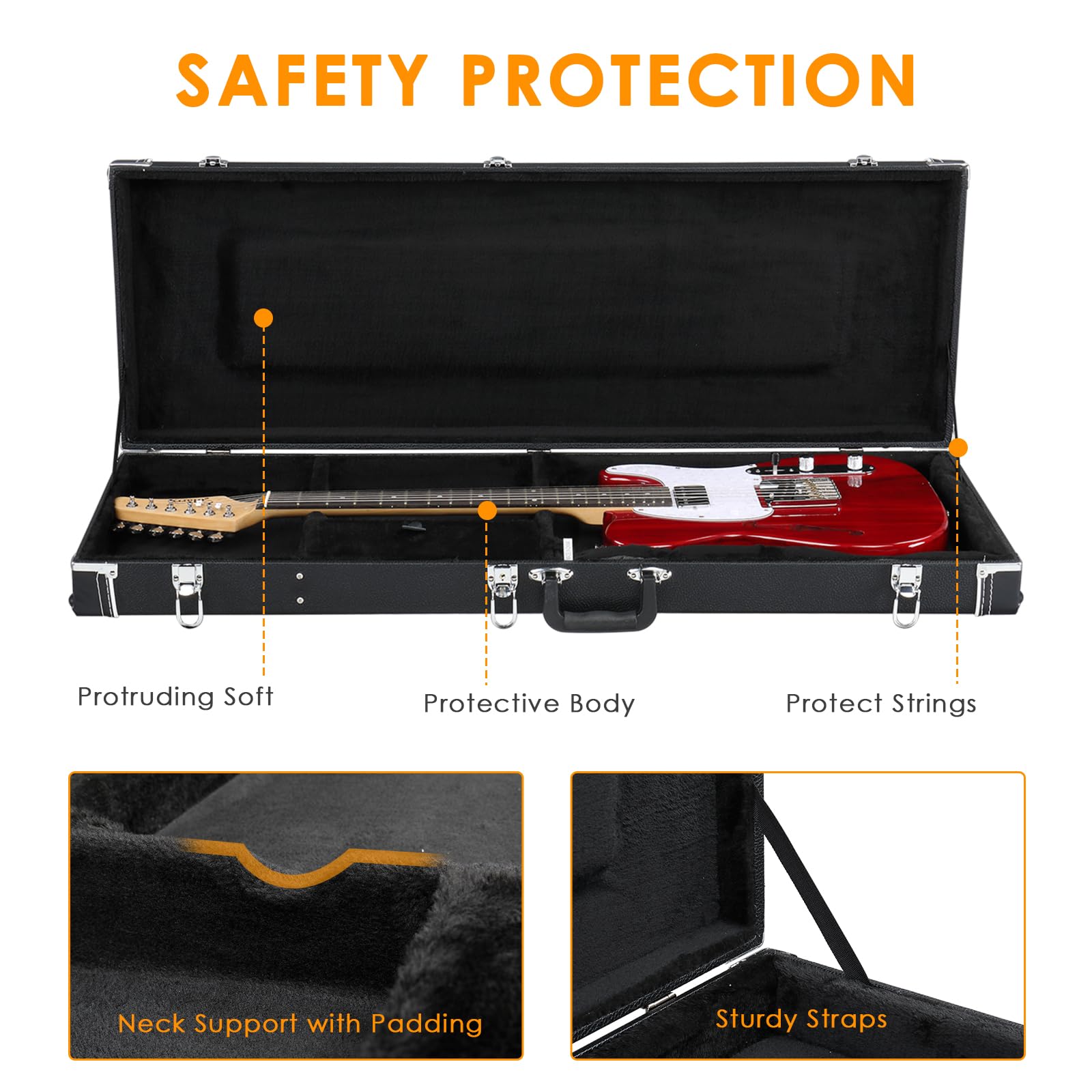 Ktaxon Electric Guitar Hard Case, Rectangle Wooden Standard 39-Inch Electric Guitars Hard-Shell Protective Carrying Case for KST/KTL/170 Model with Lock Latch Padding (Black)