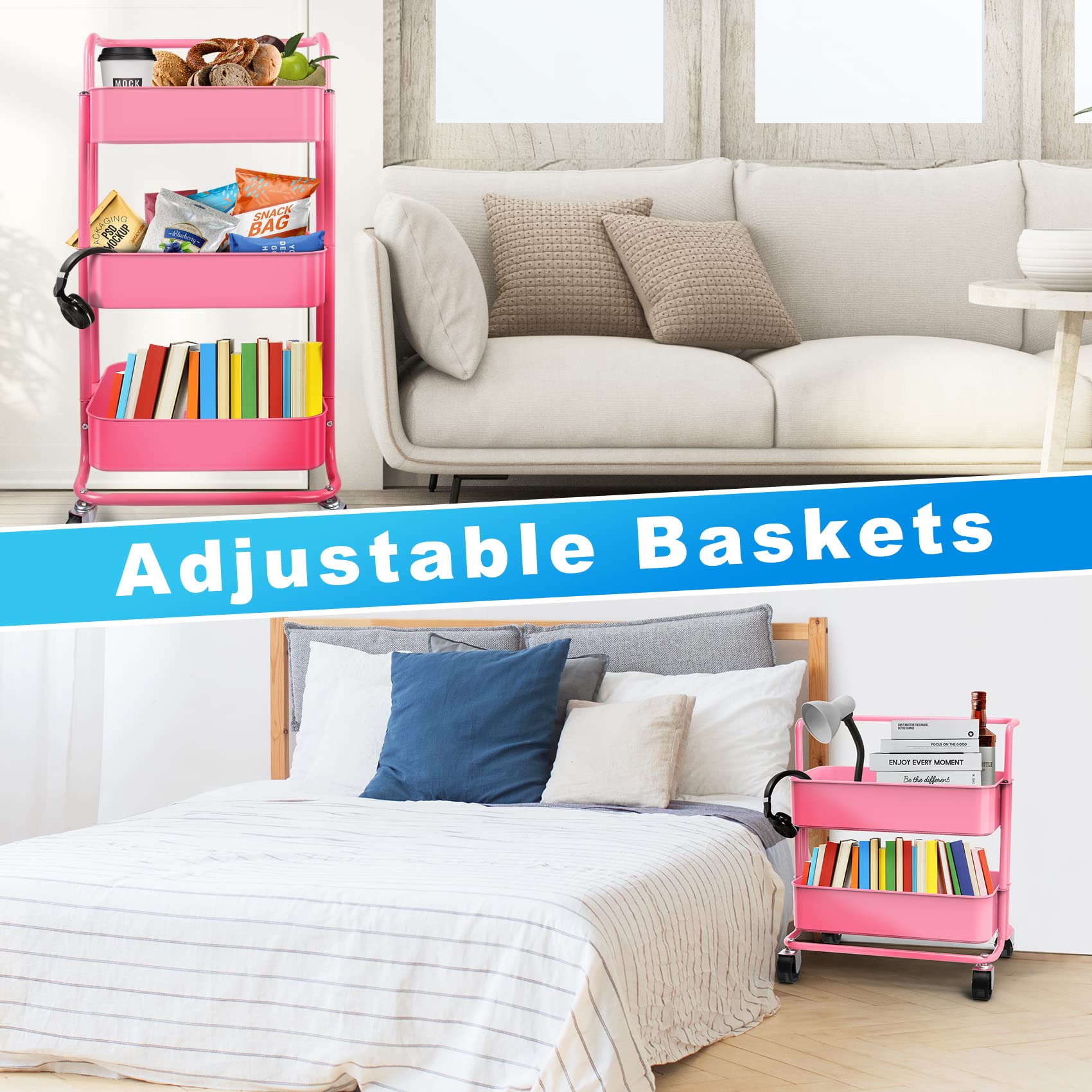 Homchwell Metal 3 Tier Utility Cart, Mesh Rolling Cart Organizer with Handle & Lockable Wheels, Multi-Functional Rolling Storage Cart for Kitchen, Bathroom, Living Room and Office
