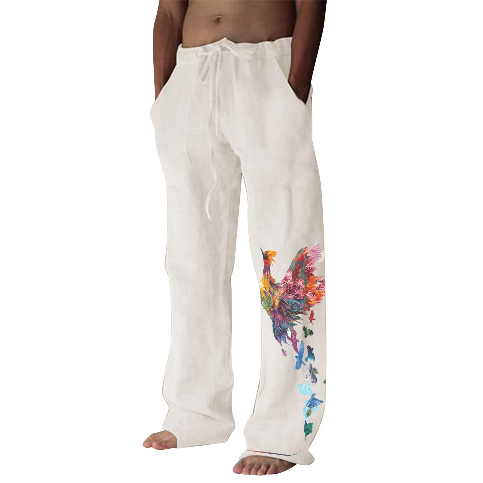 Mens Linen Pants Yoga Beach Simple Print Casual Summer Plus Size Pants Elastic Waist Drawstring Baggy Trousers with