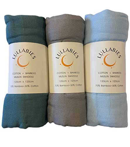 LULLABIES Organic Muslin Swaddle Blankets, Soft Solid Earth Tones 3 Pack Baby Swaddle Blankets Muslin Receiving Blanket Wrap, Large 47 x 47 inches, Solid Color Baby Swaddling (Ocean Waves)