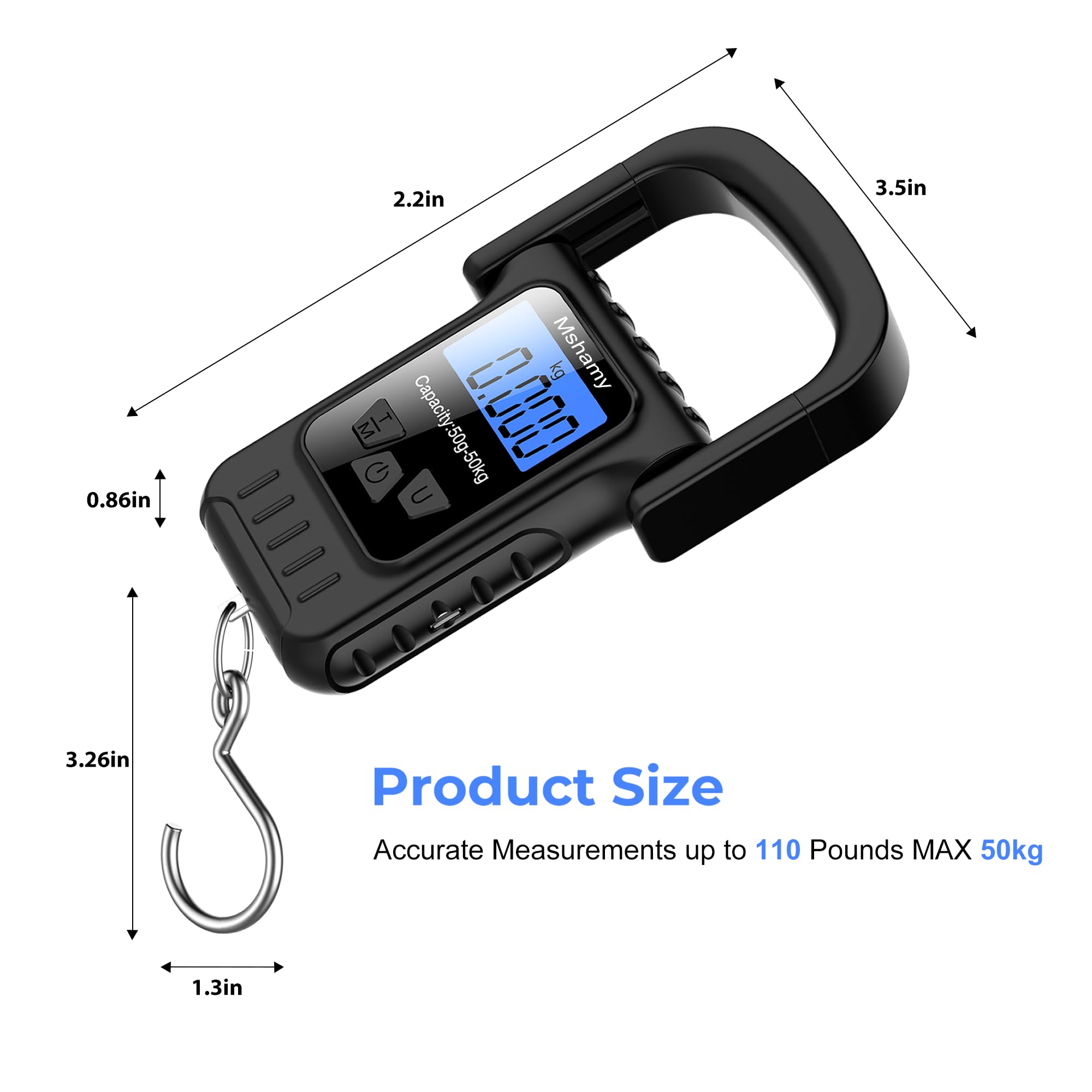 Mshamy Luggage Scale110lbs/50kg Digital Fishing Scale with Backlit LCD Display, Hanging Scale with Portable Large Handle Measuring Tape, Suitcase Scale for Travel Include 2 AAA Batteries