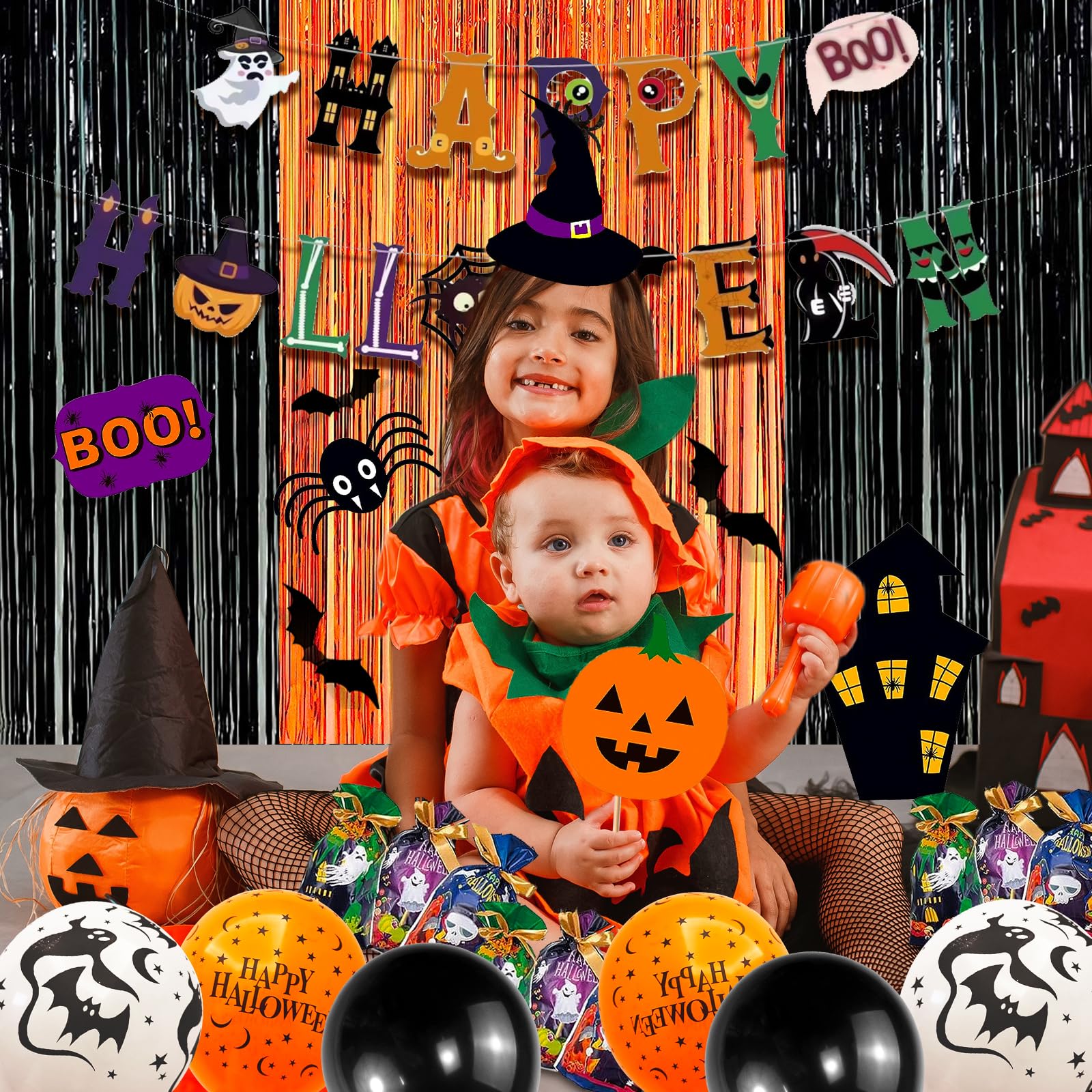 UJoyant 101 Pcs Halloween Party Decorations, Halloween Party Supplies - Ghost and Bat Pumpkin Banner, Halloween Multi Balloons, Photo Booth Props, Candy Gift Bags, Spider Wed