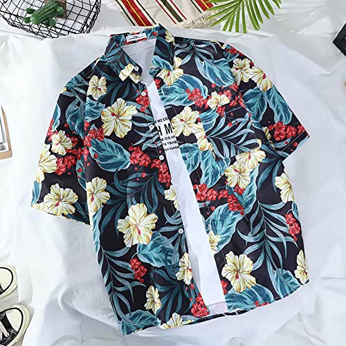 Men's Hawaiian Floral Shirts Cotton Button Down Tropical Holiday Beach Shirts with Pocket Dark Blue