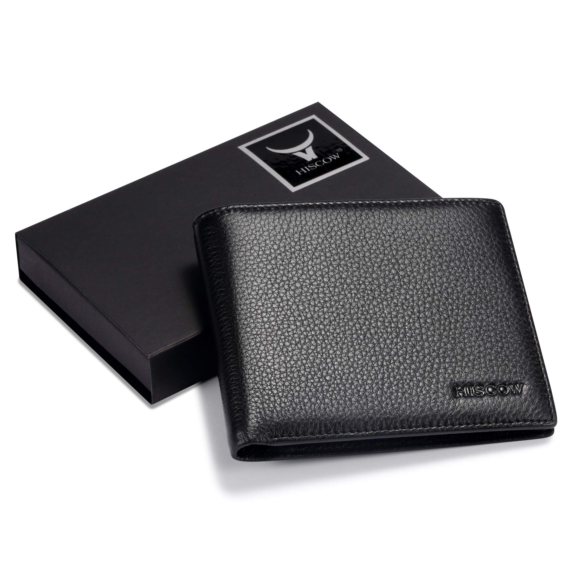 HISCOW Full Grain Leather Bifold Wallets for Men, Slim Minimalist Mens Wallet, Gifts for Dad Birthday Fathers Day (Pebbled Black)