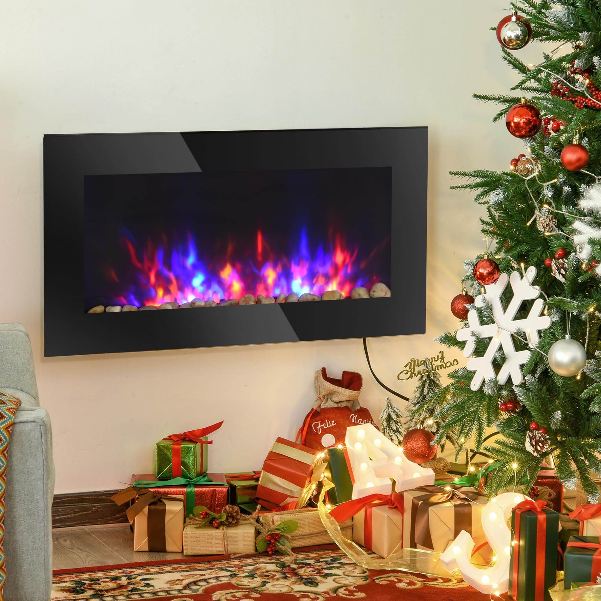 HOMCOM 36" 1500W Electric Wall-Mounted Fireplace with Flame Effect, 7 Color Background Light and Side Light, Black