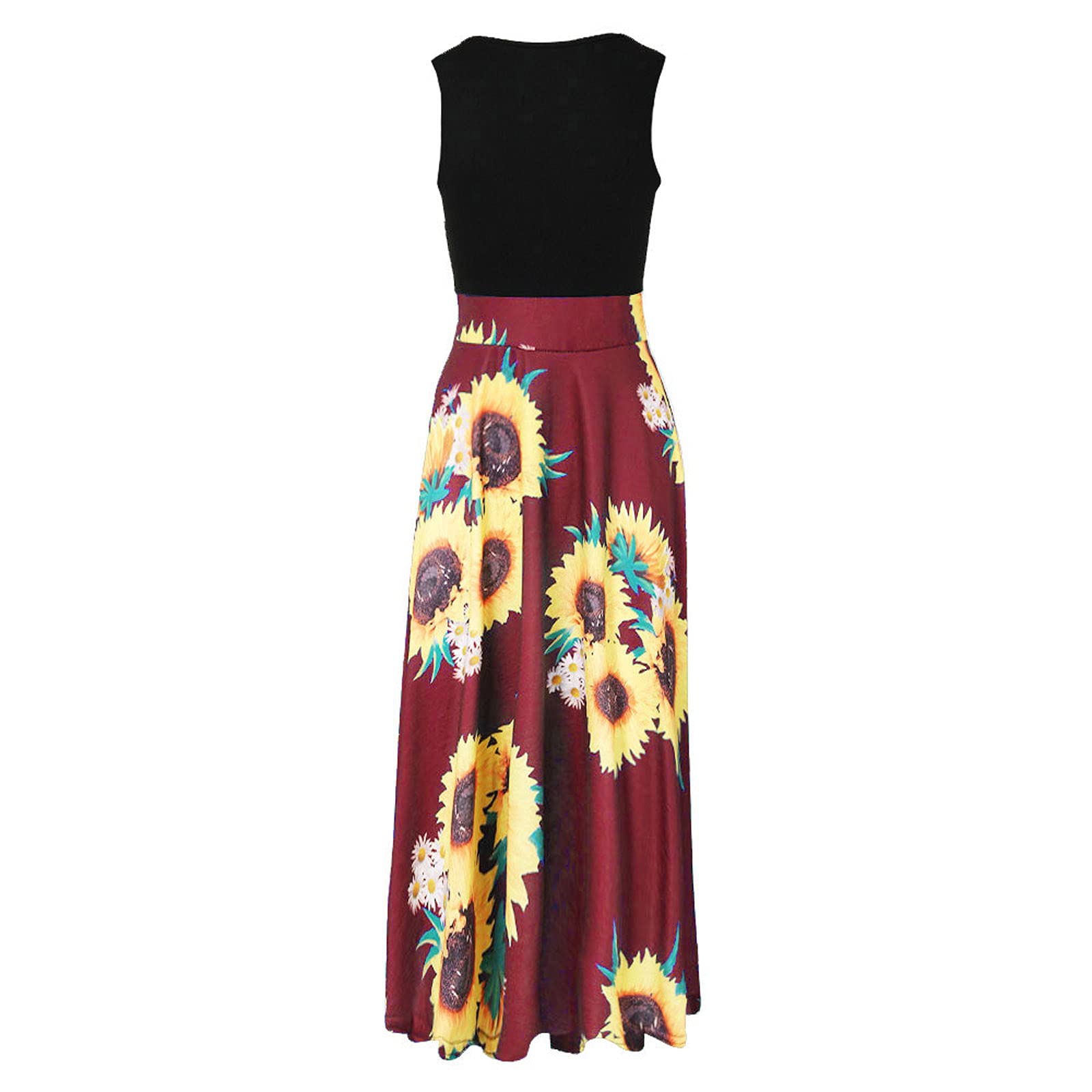 Keepfit Women Sunflower Printing Cami Long Dress Patchwork Pattern Printing Sleeveless Pleated High Waisted Dress
