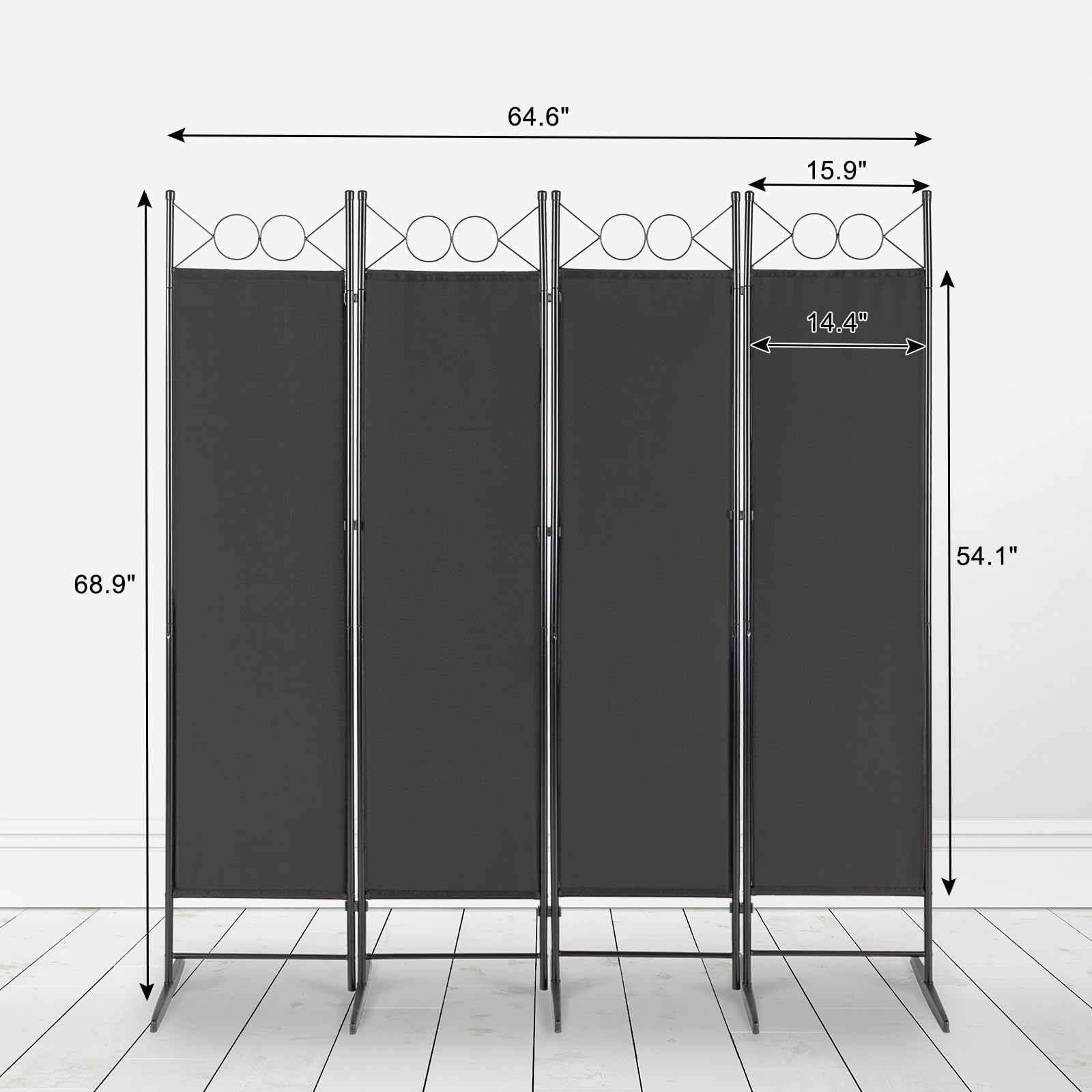 Indoor Room Divider,5.74 Ft Folding Privacy Screens with 17" Support Feet for Bedroom,Dining Room Office (4 Panel, Black)