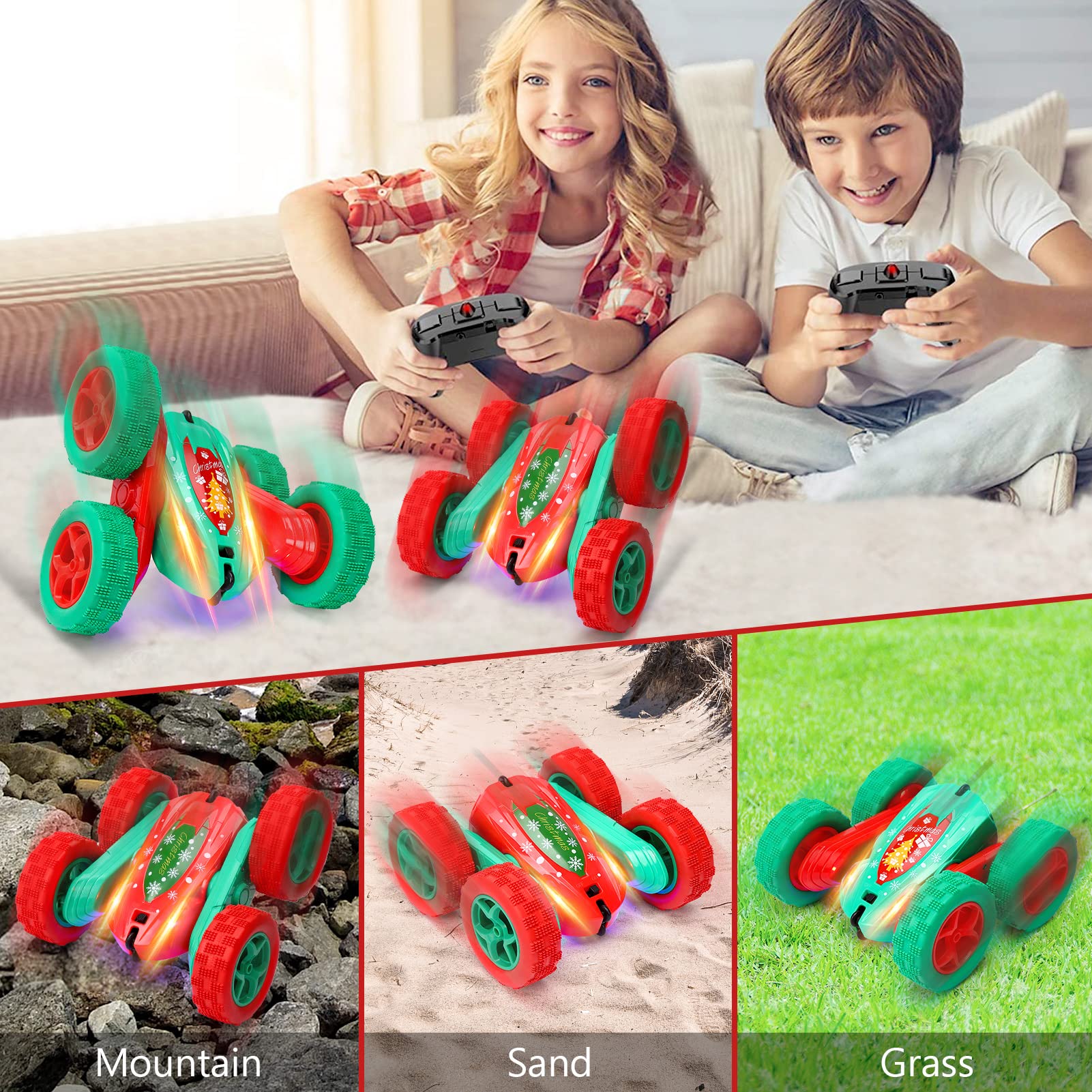 Lumiparty 2PACK Remote Control Car RC Stunt Car for Kids,2.4Ghz High Speed Rock Crawler Vehicle,360 Rotating 4WD Off Road Double Sided Rotating Tumbling with 4 Rechargeable Battery.
