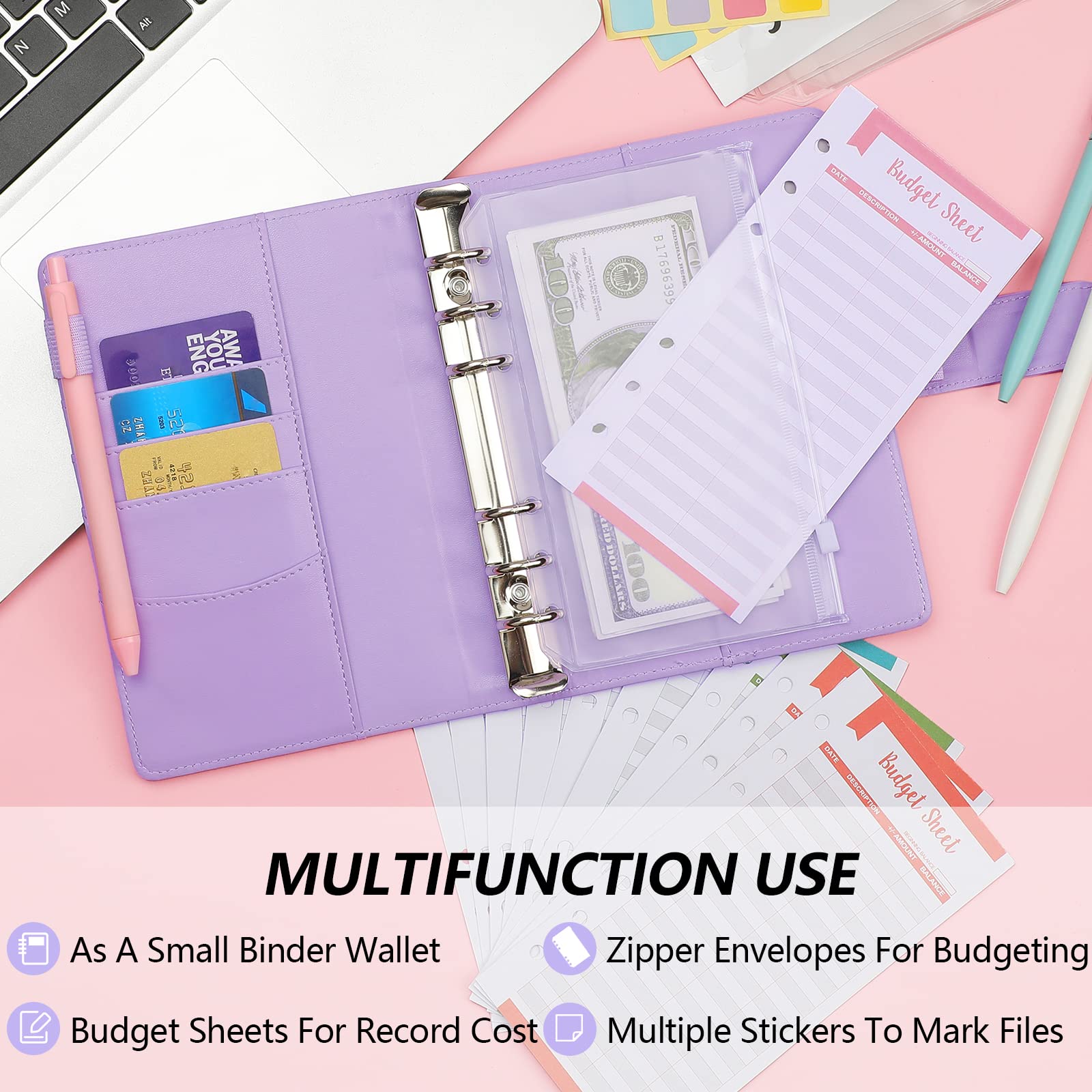 KTRIO A6 Budget Binder with Zipper Envelopes, Cash Envelopes for Budgeting, Money Organizer for Cash, Bill Money Saving Binder Planner, 26PCS A6 PU Leather Budget Notebook System, Gift - Purple