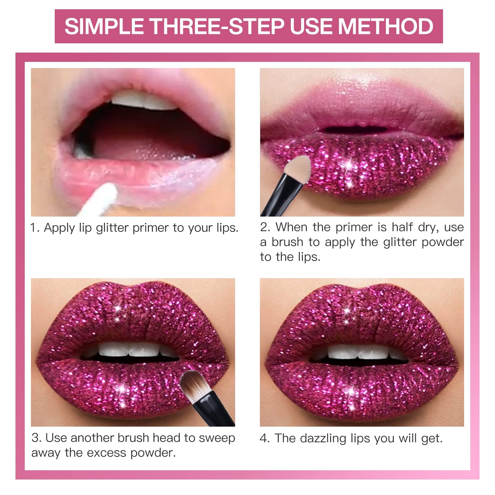Kawaii Kisses Glitter Lip Kit, 4 Colors Glitter Lip Kit Gloss, Shiny Diamond and Metallic Lip Glitter Makeup Lipstick Lip Gloss Glitter Lipstick, Glitter Lips Makeup with Lip Primer and Brush(A)