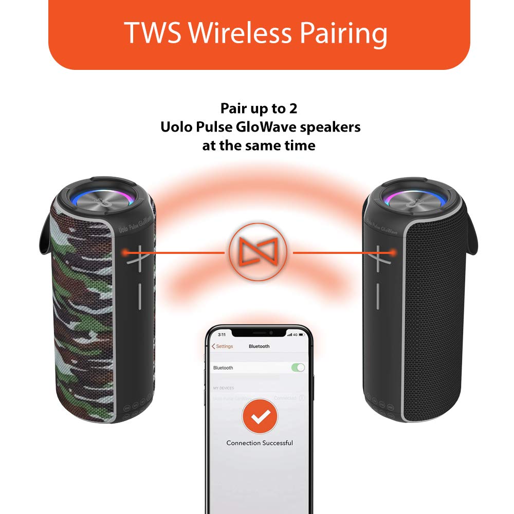 IPX 7 Waterproof Uolo Pulse Glowave Bluetooth & FM Radio Portable Wireless Speaker [16W] Stereo Sound, 24+ Hours Playtime, Built-in Mic & LED colors Lights-Compatible for iPhone, Samsung [Camo]