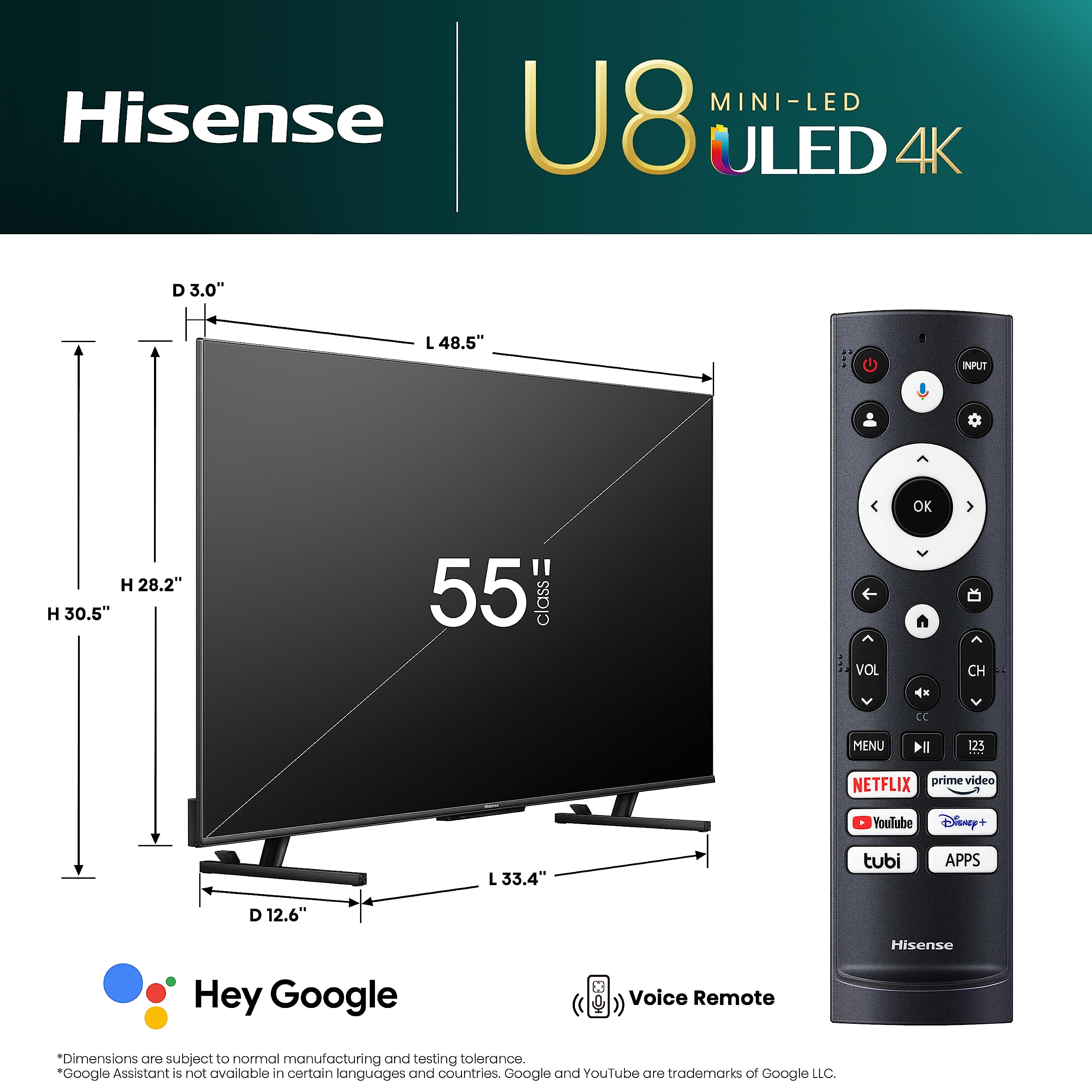 Hisense 55-Inch Class U8 Series Mini-LED ULED 4K UHD Google Smart TV (55U8K, 2023 Model) HS214 2.1ch Sound Bar with Built-in Subwoofer (108W) Bundle