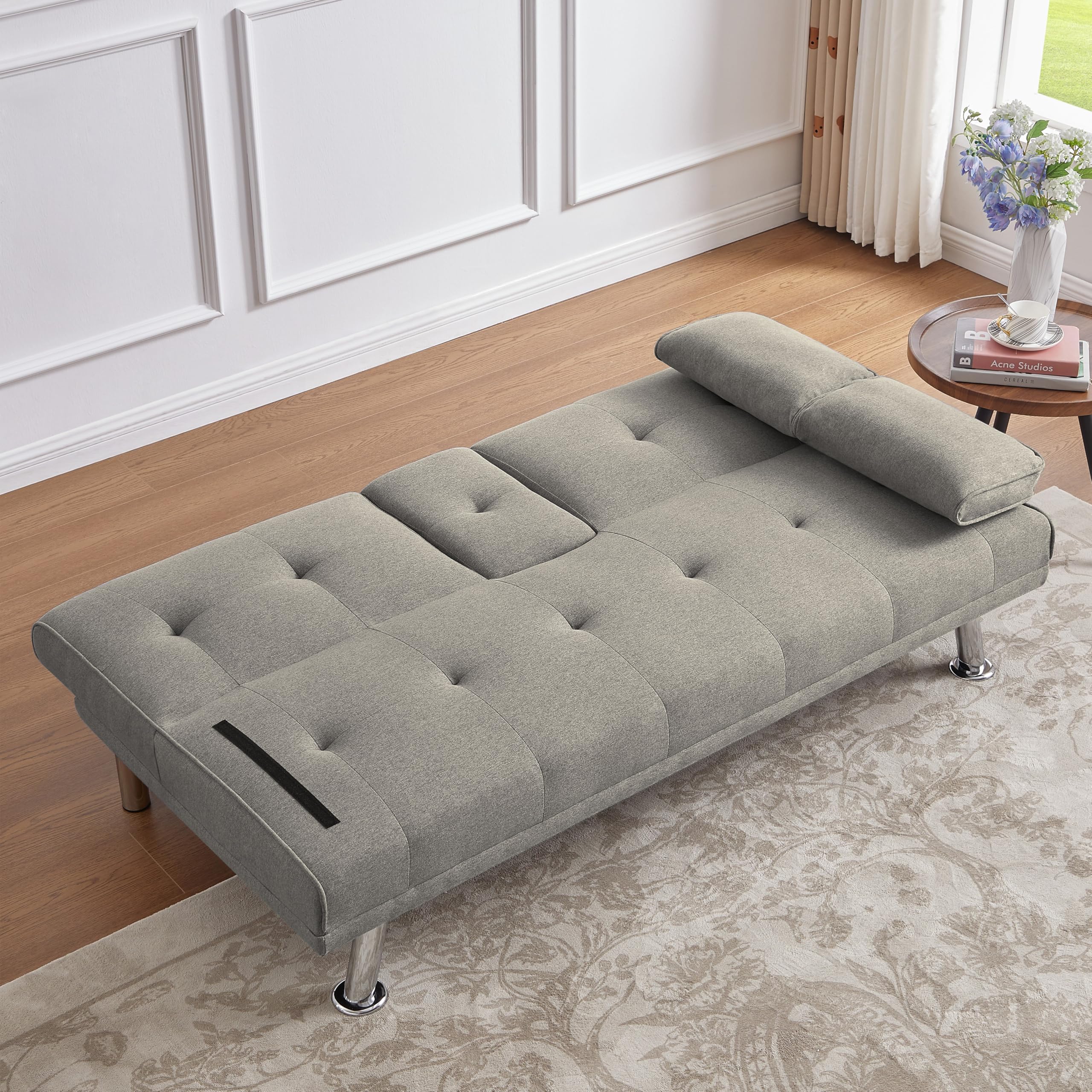 VIPKOE Folding Futon Linen Couch Sleeper Adjustable Sofa Bed for Living Room Stainless Steel Frame and Feet with 2 Cup Holders,Removable Armrests (Light Gray)