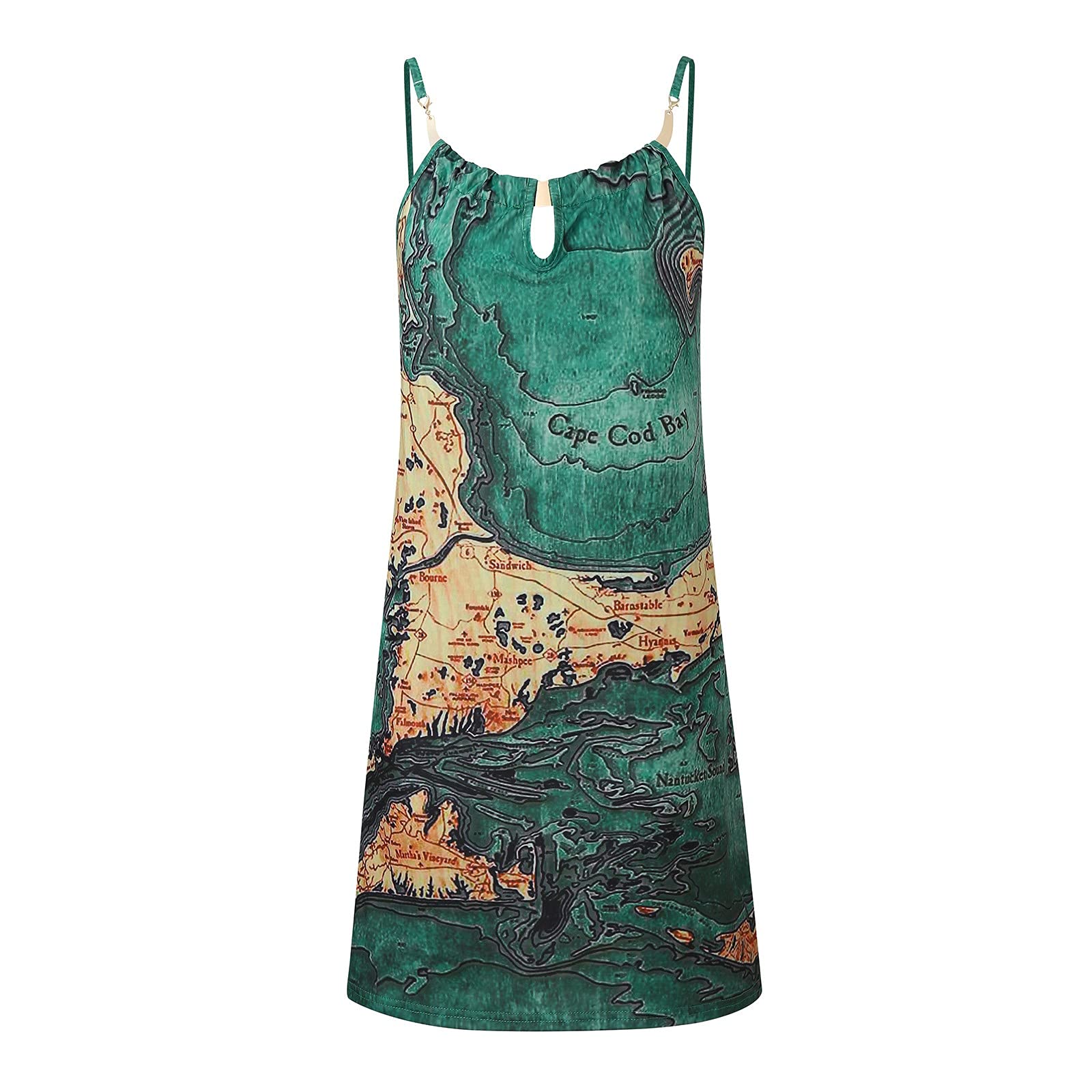 Keepfit Women Halter Dress Retro Graphical Printed Shift Dress Summer Sleeveless Casual Strapless Dress Green