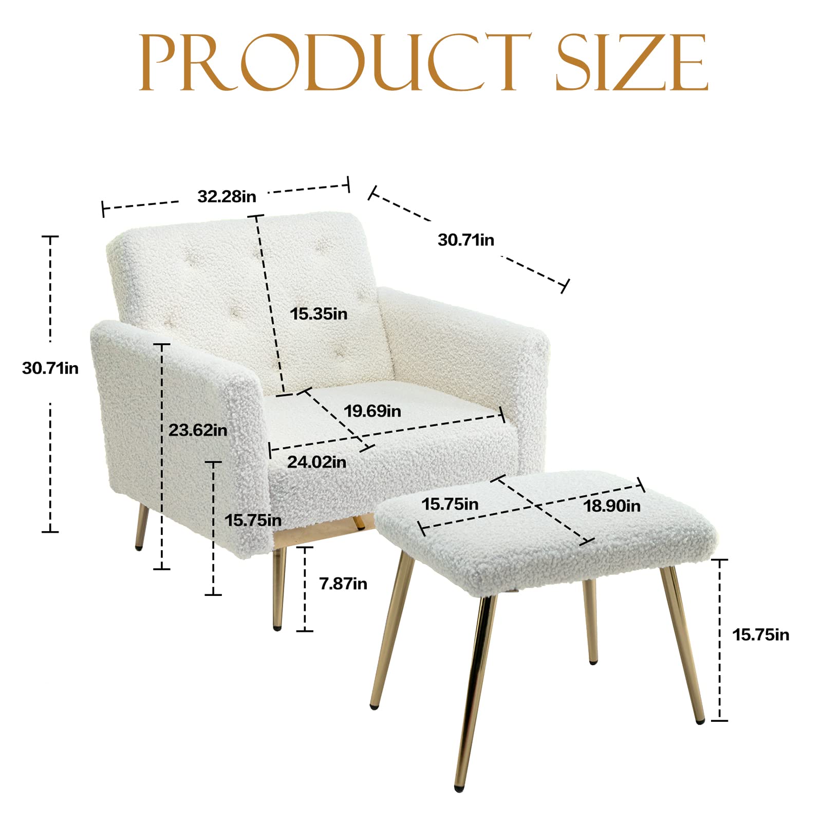 KINFFICT Velvet Accent Sofa Chair with Ottoman, Upholstered Comfy Lounge Armchair with Adjustable Armrests and Backrest, Living Room Single Recliner with Tufted Button Back, Cream White Teddy