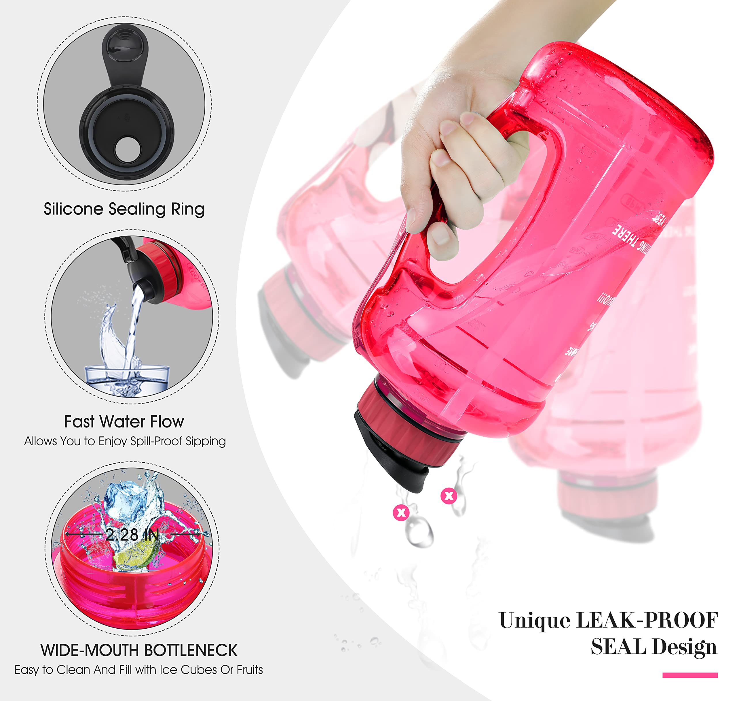 KEEPTO 64 oz Water Bottles with Times to Drink,BPA Free Motivational Gallon Water Jug with Straw,DeepPink