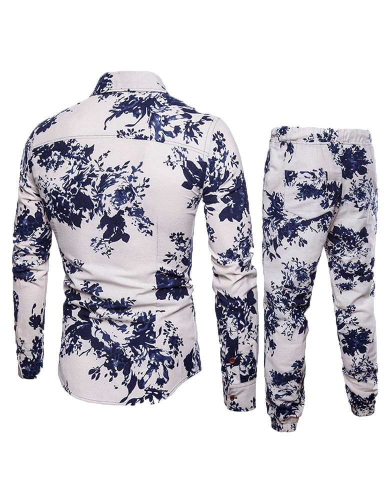 Lavnis Men's 2 Piece Tracksuit Floral Shirt and Pants Suits Button Down Hawaiian Outfitts A027 L