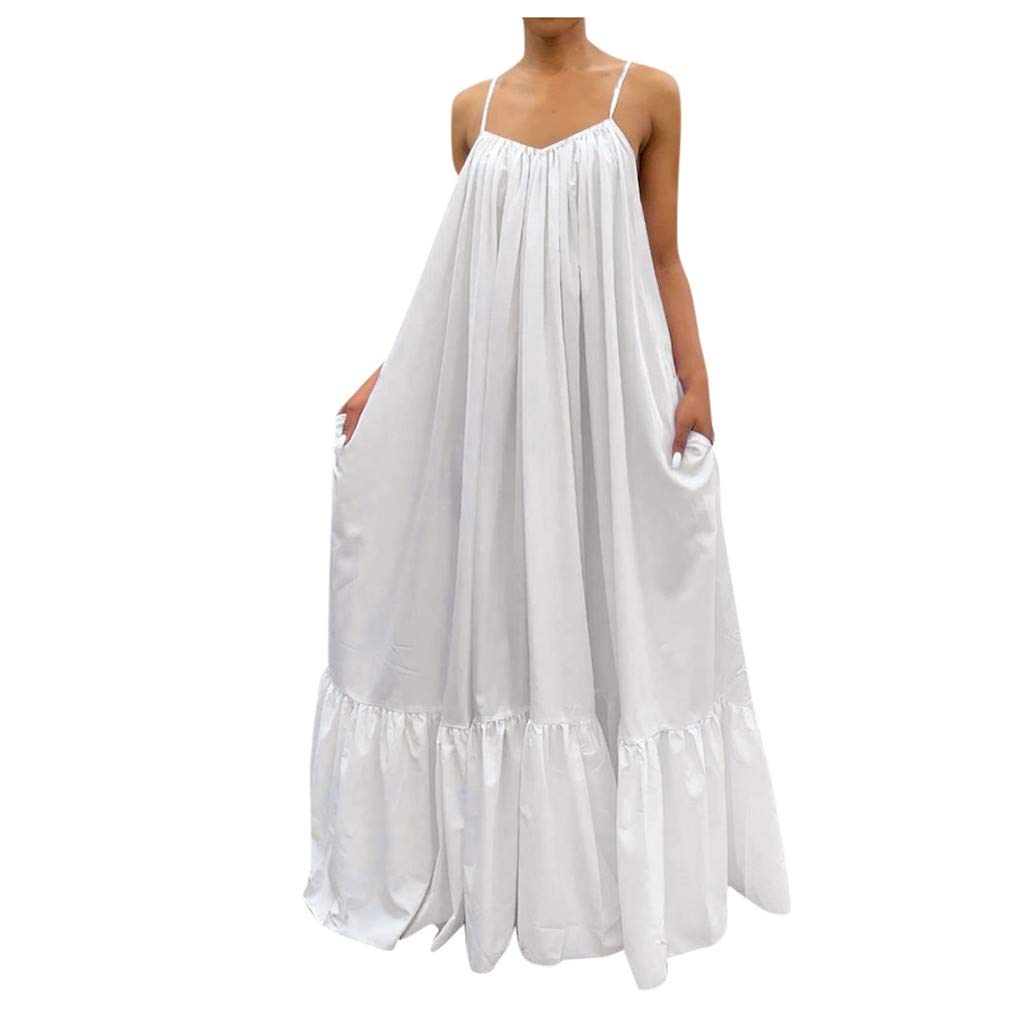 Keepfit Women Maxi Dress Trendy Spaghetti Straps Sling Dress Summer Ruffle Backless Solid Swing Dress White