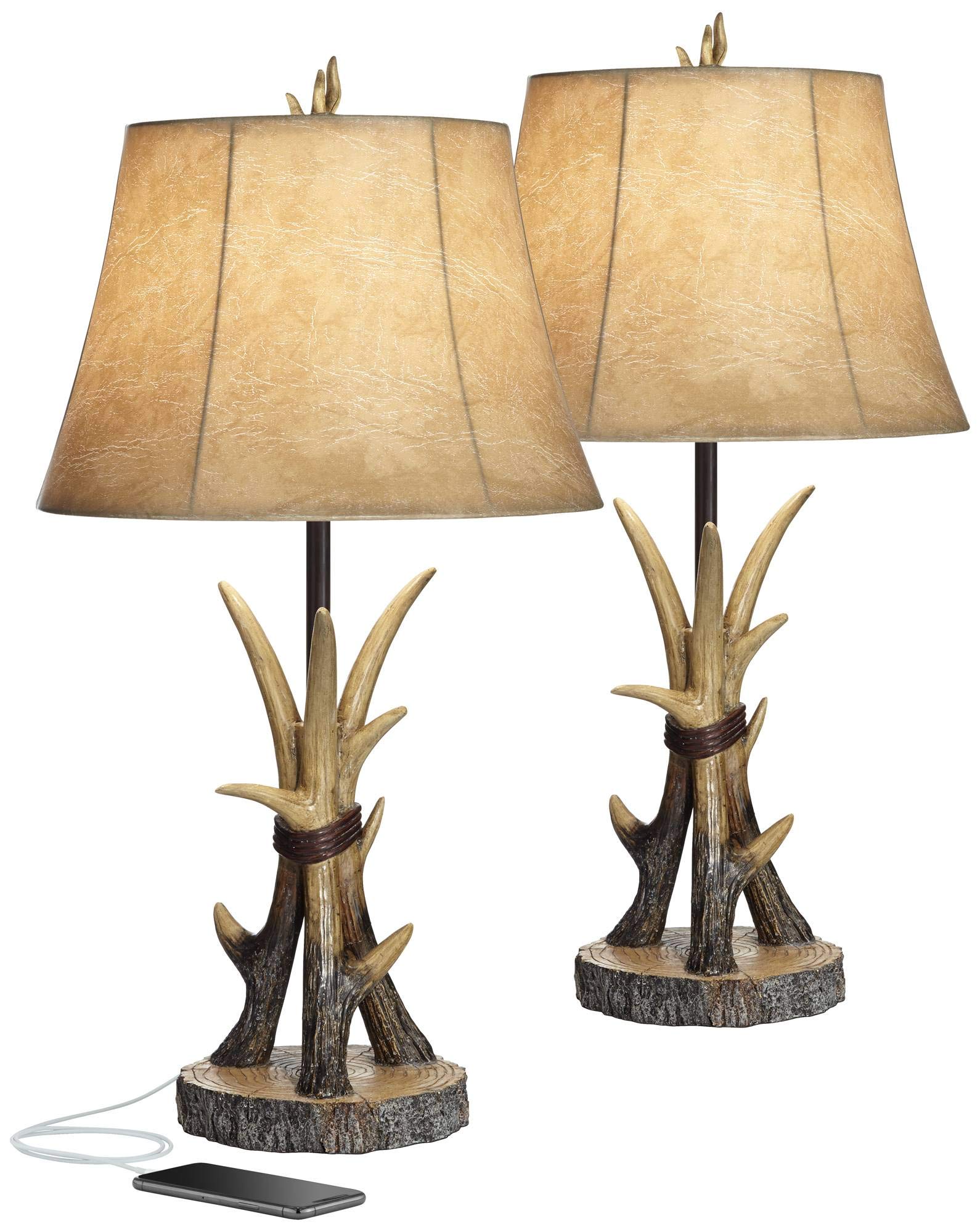 John Timberland Boone Rustic Western Table Lamps 27.5" Tall Set of 2 with USB Charging Port Natural Antler Bell Shade Decor for Living Room Bedroom House Bedside Nightstand Home Office