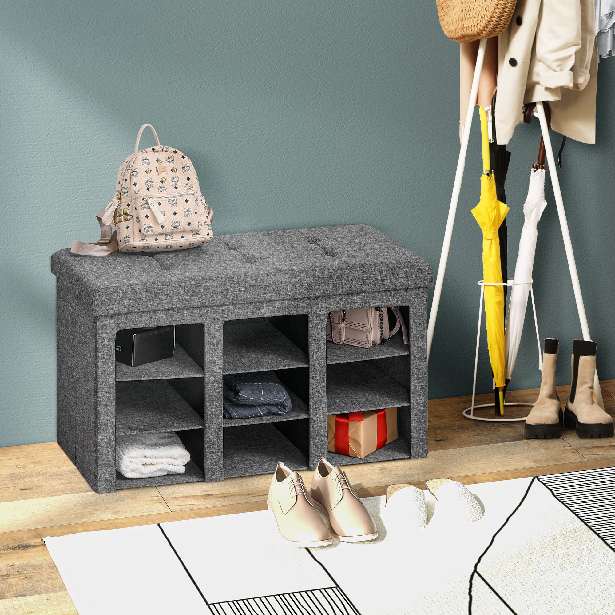 HOMCOM Modern Folding Shoe Storage Bench with Flipping Lid, Ottoman Bench for Bedroom & Hallway with 9 Cubes, Gray