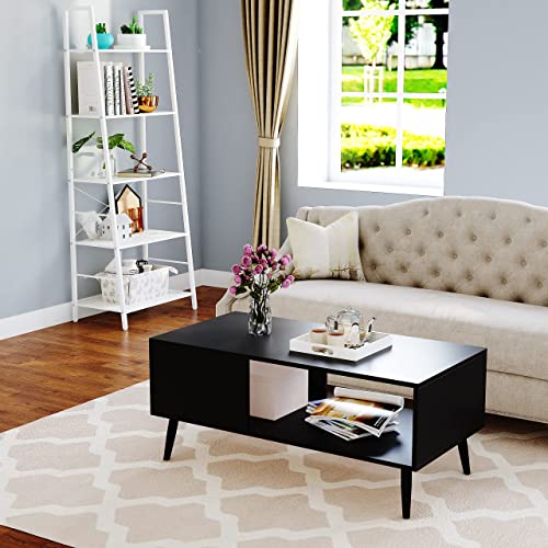 Yusong Modern Wood Coffee Table for Living Room, Retro Mid-Century Center Tables Cocktail Table with Storage Shelf for Reception, Black
