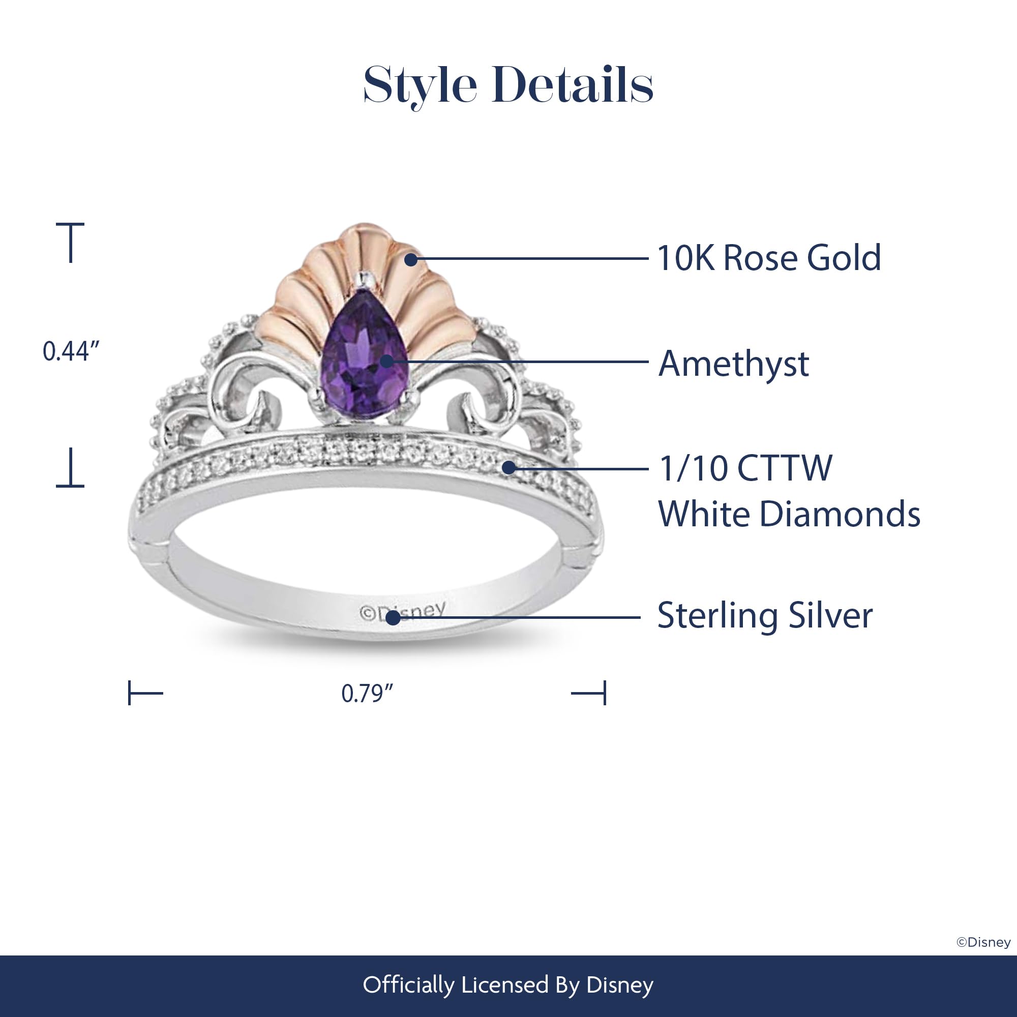 Jewelili Enchanted Disney Fine Jewelry Sterling Silver and 10K Rose Gold with 1/10cttw Diamonds and Amethyst Ariel Shell Tiara Ring, Size 9