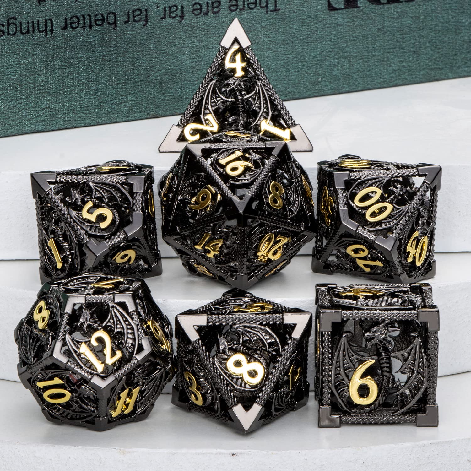 ORIFANTOU Hollow Metal Dice Set Gold Black DND Dice with Gift Box, 7PCS D and D Dice Role Playing Game Dungeons and Dragons RPG Polyhedral Dice Cool D&D Dice Set