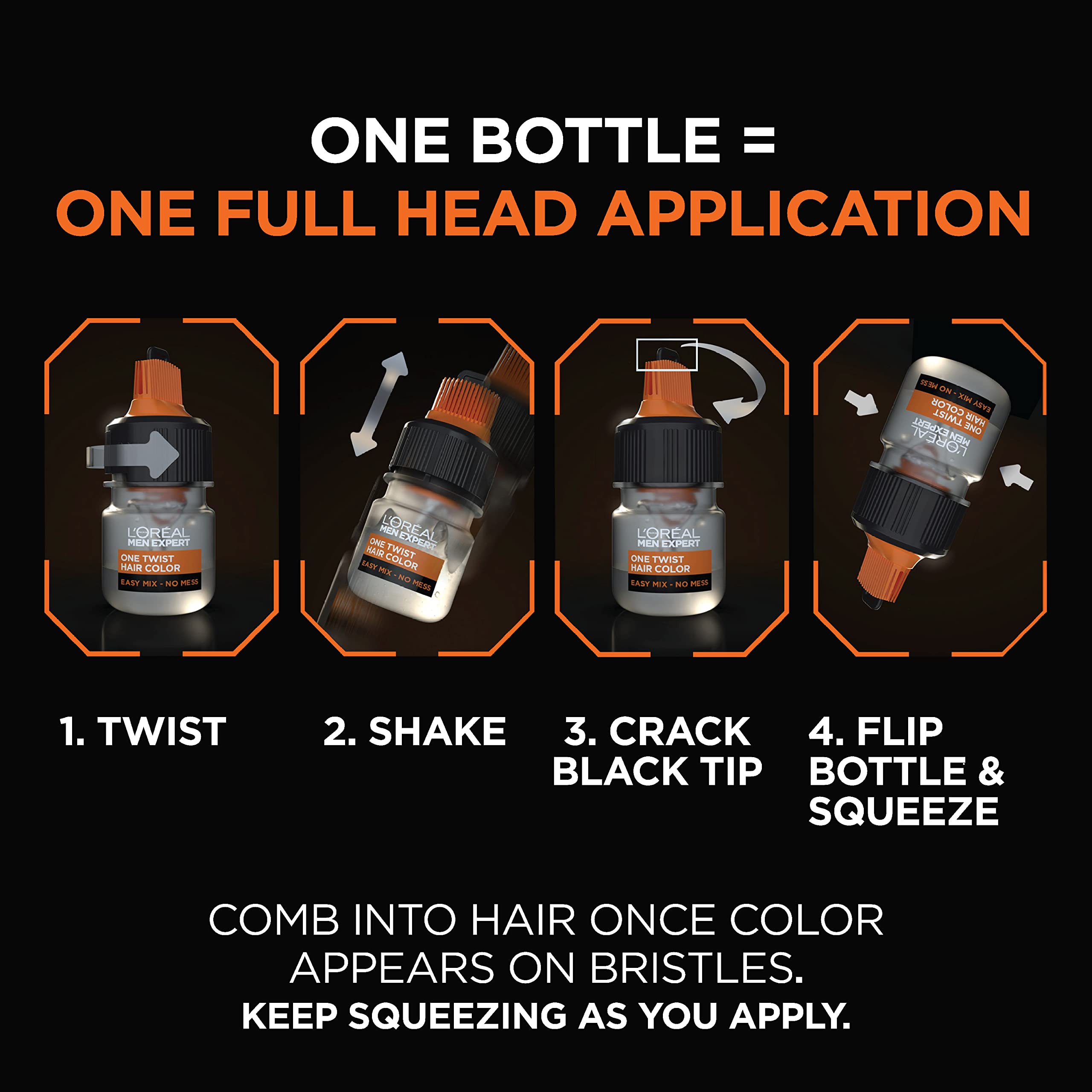 L’Oreal Paris Men Expert One Twist Mess Free Permanent Hair Color, Mens Hair Dye to Cover Grays, Easy Mix Ammonia Free Application, Real Black 02, 1 Application Kit
