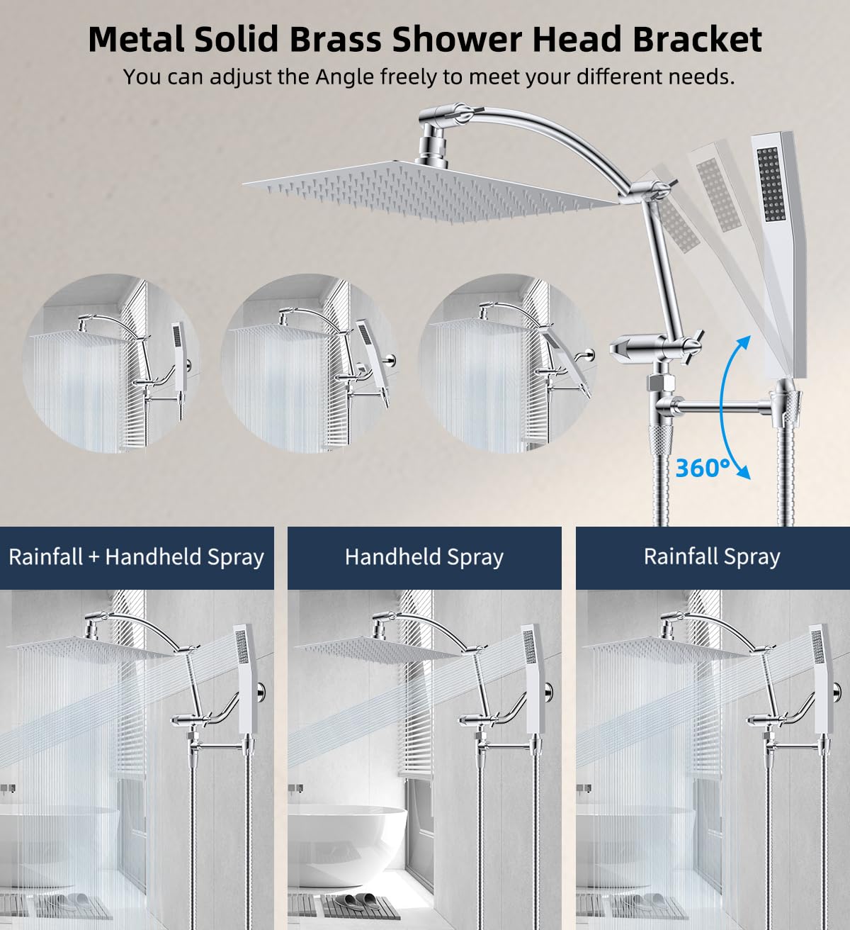 Hibbent All Metal 12'' Rainfall Shower Head, Square Shower Head Combo, High Pressure Handheld Shower Wand, 16'' Adjustable Arc-shaped Shower Extension Arm, 71'' Hose, 2 Showerhead Holders, Chrome