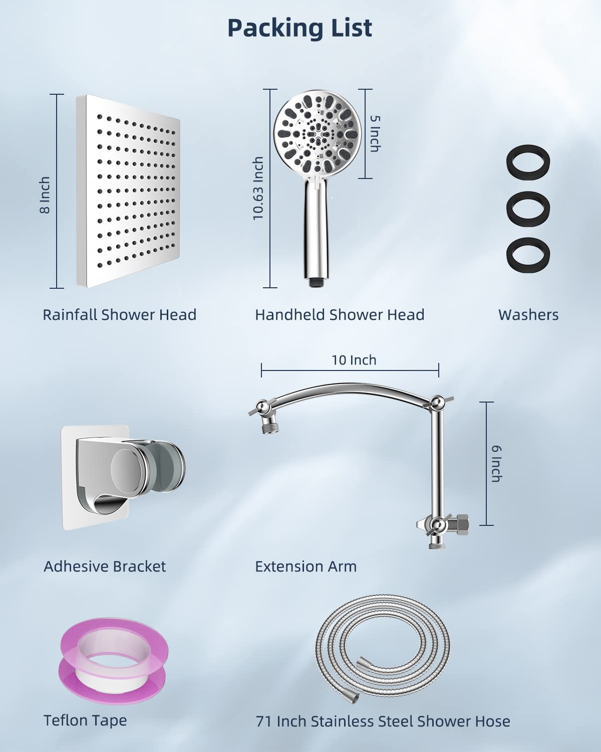 Hibbent High Pressure 8 Inch Rainfall Shower Head/Handheld Showerhead Combo/Adjustable Shower Extension Arm, 7-Spray, 71 Inch Shower Hose, Chrome
