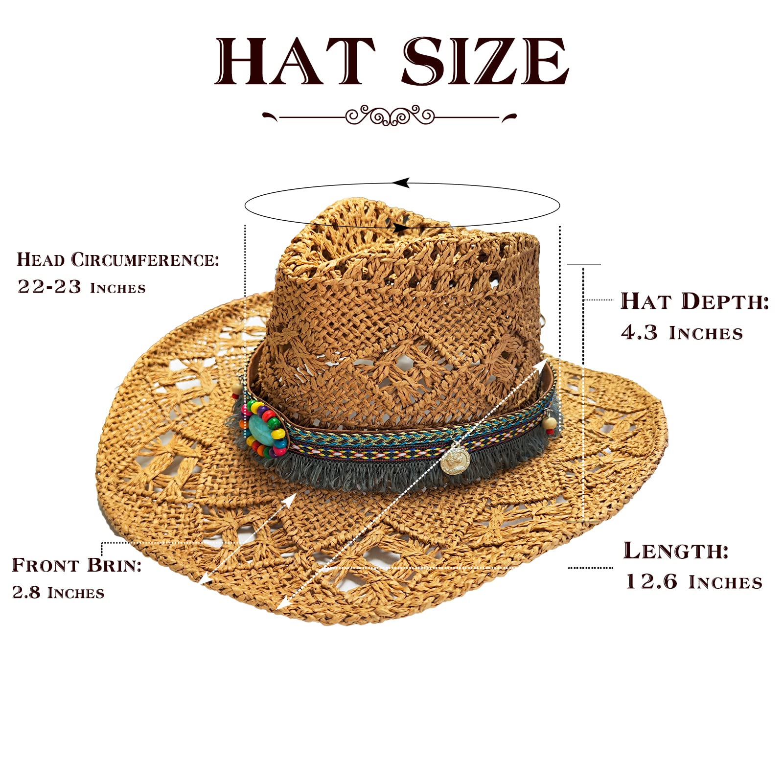 LLYONE Straw Cowboy Hat for Women Wide-Brimmed Western Cowboy Cowgirl Multi-Functional Sun Hat for Summer