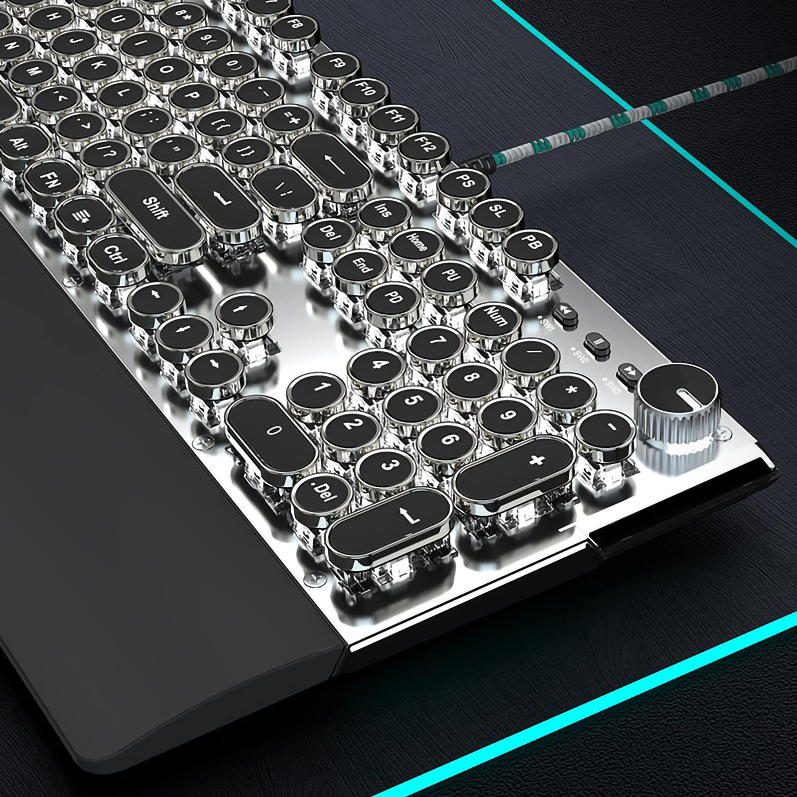 MYKYLIN Typewriter Keyboard Mechanical Gaming Keyboard White LED Backlit Removable Magnetic Wrist Rest Multifunction Knob 104-Key Anti-Ghosting Black Switch Retro Steampunk Round Keycaps Wired USB