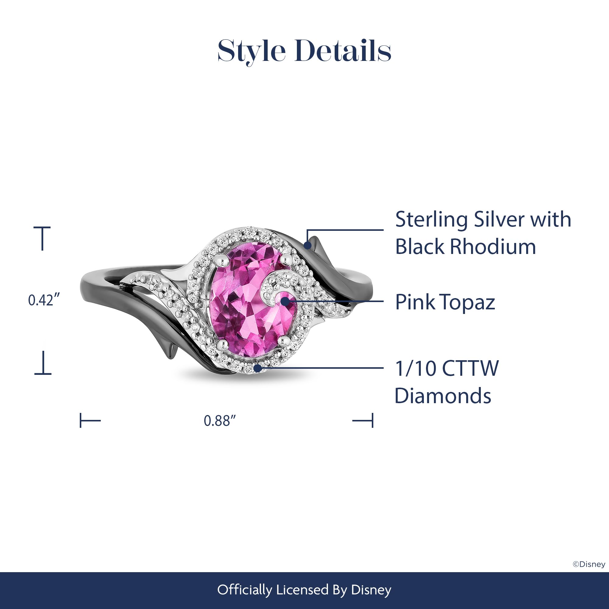 Jewelili Enchanted Disney Fine Jewelry Sterling Silver with Black Rhodium 1/10 CTTW Diamond and Pink Topaz Maleficent Ring Size 9