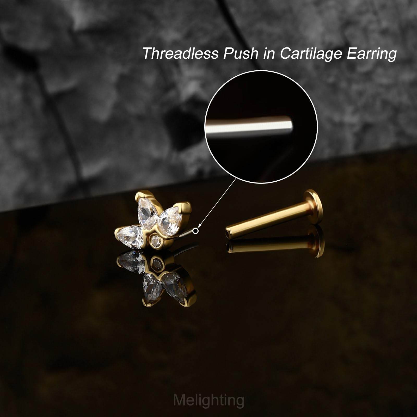 Melighting 14K Solid Gold Flat Back Earring Gold Threadless Earring Titanium Threadless Push in Earring for Women 16G Gold Tragus Piercing Jewelry Gold Helix Earring Cartilage Earring for Women