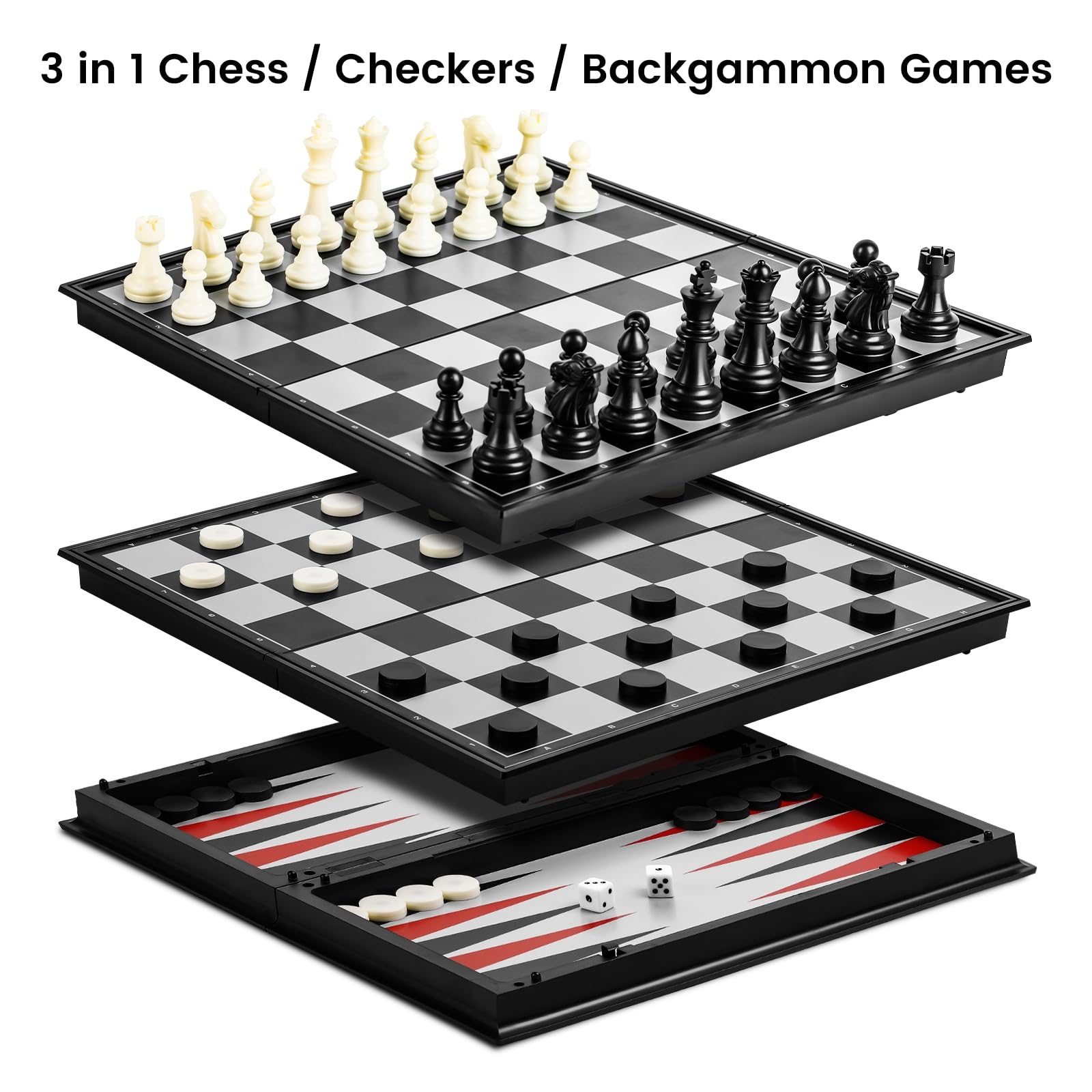 Joneytech Magnetic Chess Set for Kids and Adults, 13 inch 3 in 1 Chess Checkers Backgammon Travel Portable Folding Sets, Gift Children Chess Board Game with Extra Queen
