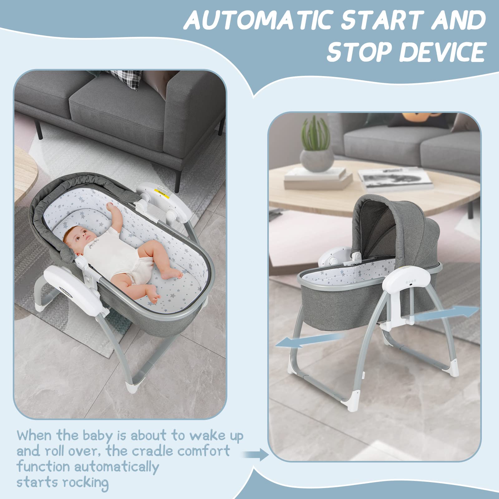 INFANS 2 in 1 Smart Electric Baby Rocking Bassinet, Automatic Bedside Crib for Infants, Sleeper Cradle with Remote Control 5 Speed Natural Sway Timing Function 12 Preset Lullabies for Newborn
