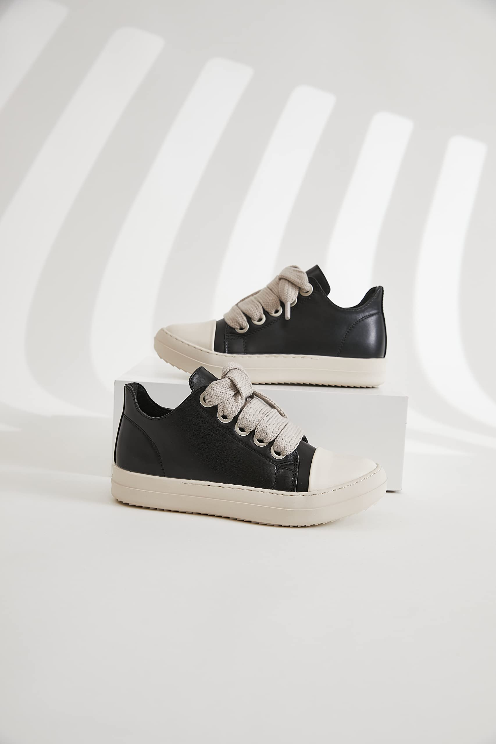 IMPREMEY Women's Low top Sneakers Fashion Thick Strap Leather Walking Shoes.